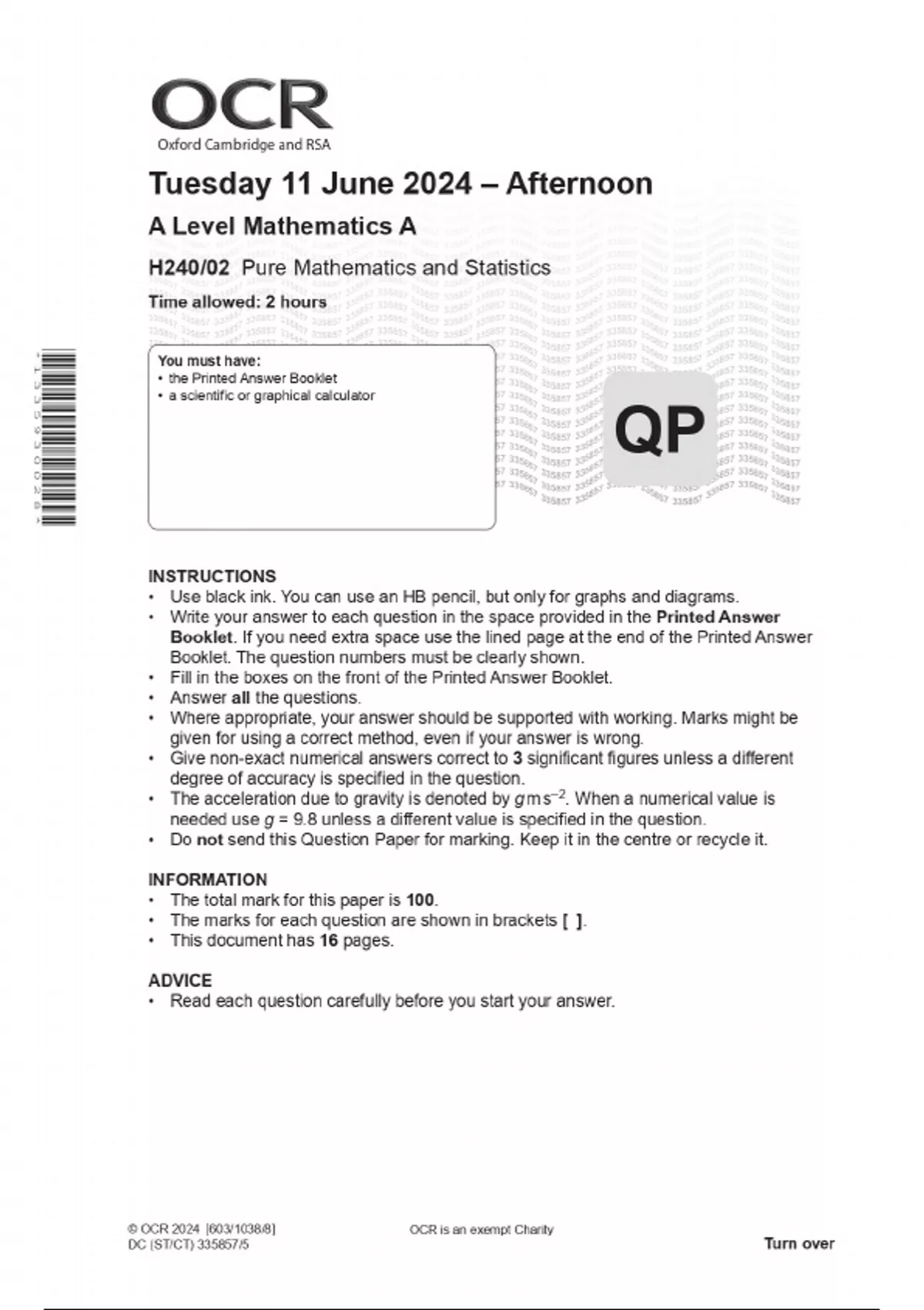 OCR A Level Mathematics A H240/02 Pure Mathematics and Statistics JUNE ...