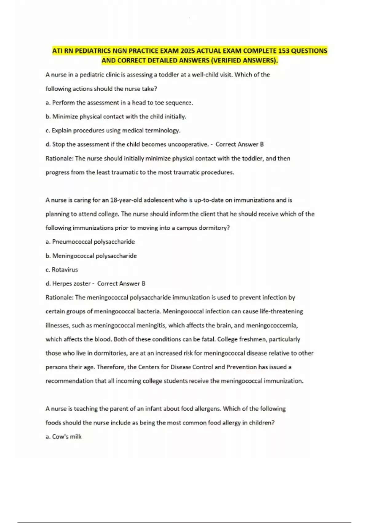 ATI RN PEDIATRICS NGN PRACTICE EXAM 2025 ACTUAL EXAM COMPLETE 153 ...