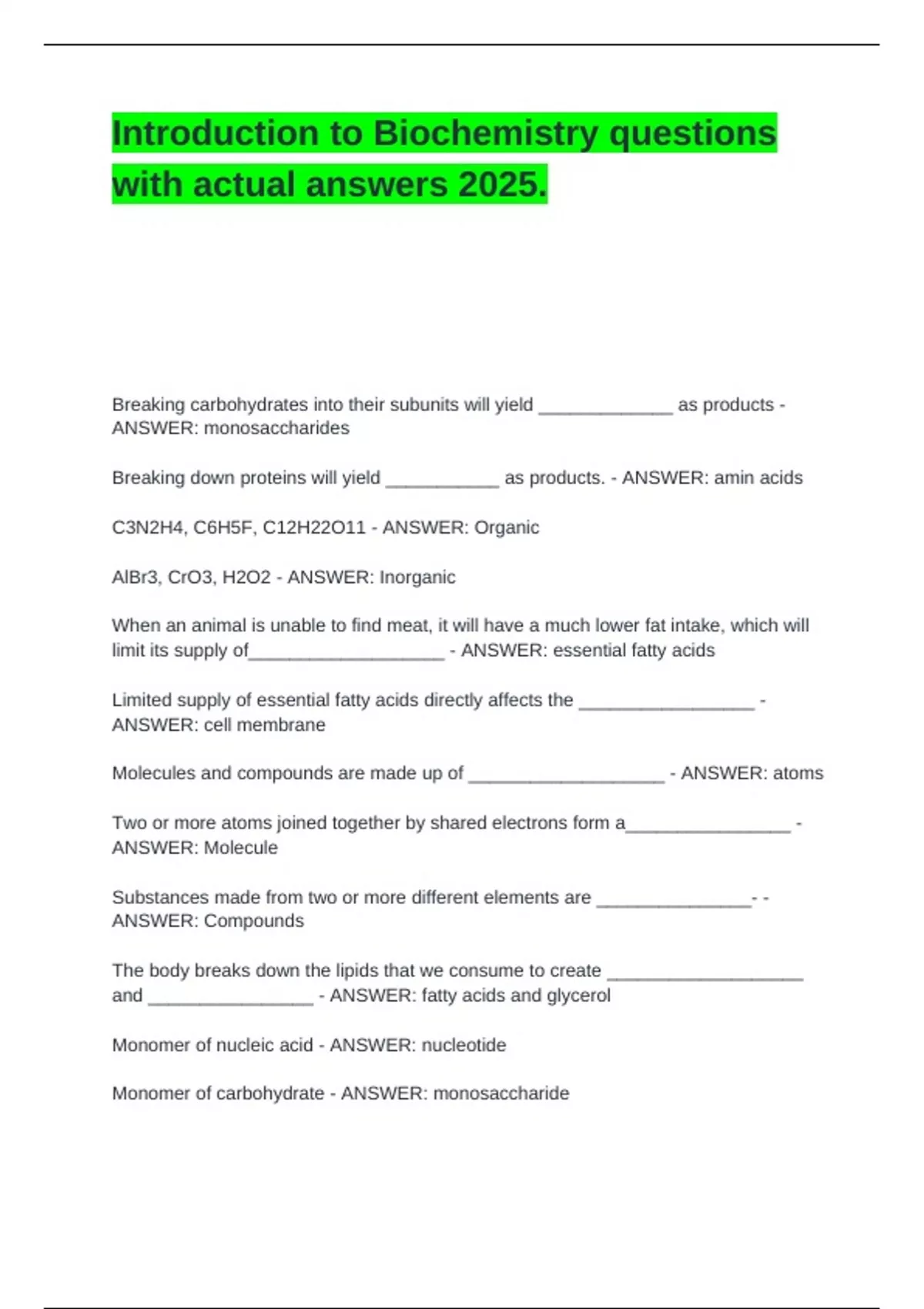 Introduction to Biochemistry questions with actual answers 2025 ...