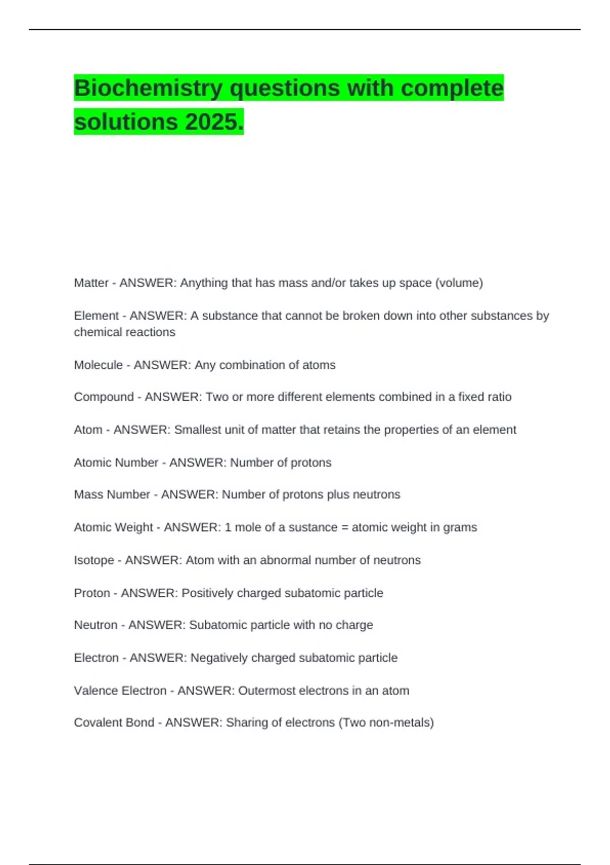 Biochemistry questions with complete solutions 2025 - Biochemistry ...