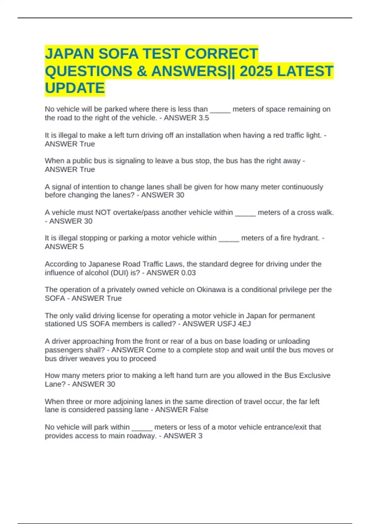 JAPAN SOFA TEST CORRECT QUESTIONS & ANSWERS|| 2025 LATEST UPDATE ...