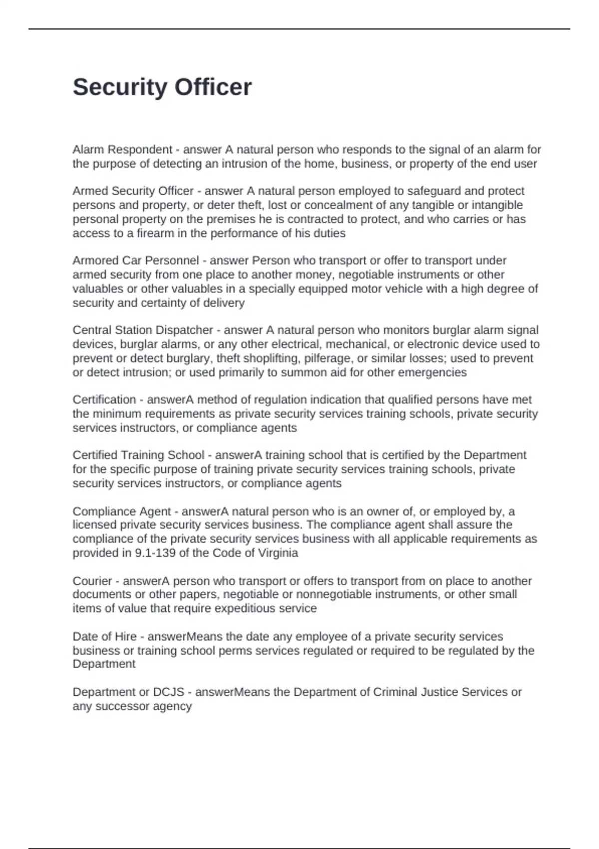 Security Officer Questions and Answers - DCJS - Stuvia US