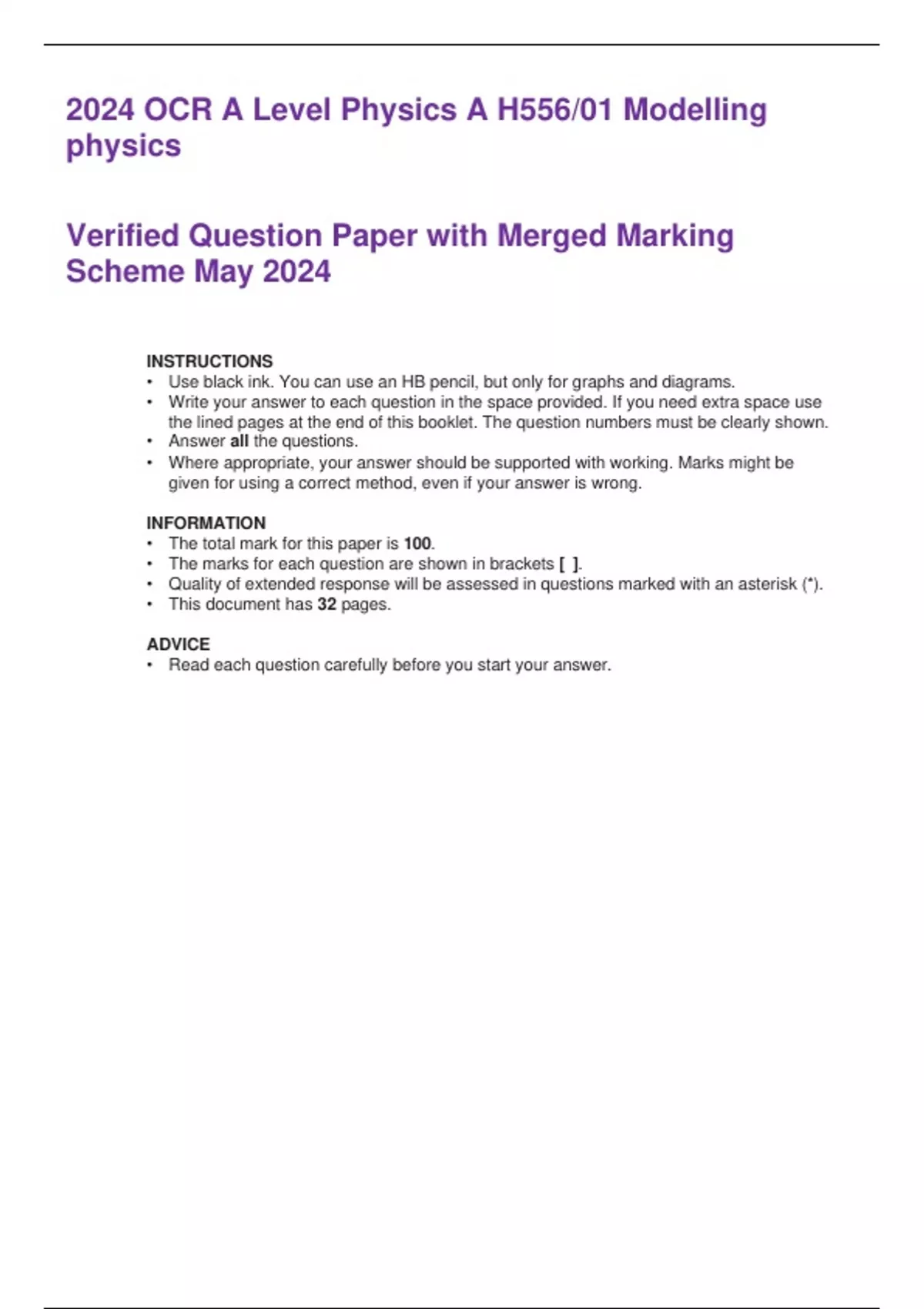 2024 OCR A Level Physics A H556/01 Modelling physics Verified Question Paper with Merged Marking ...