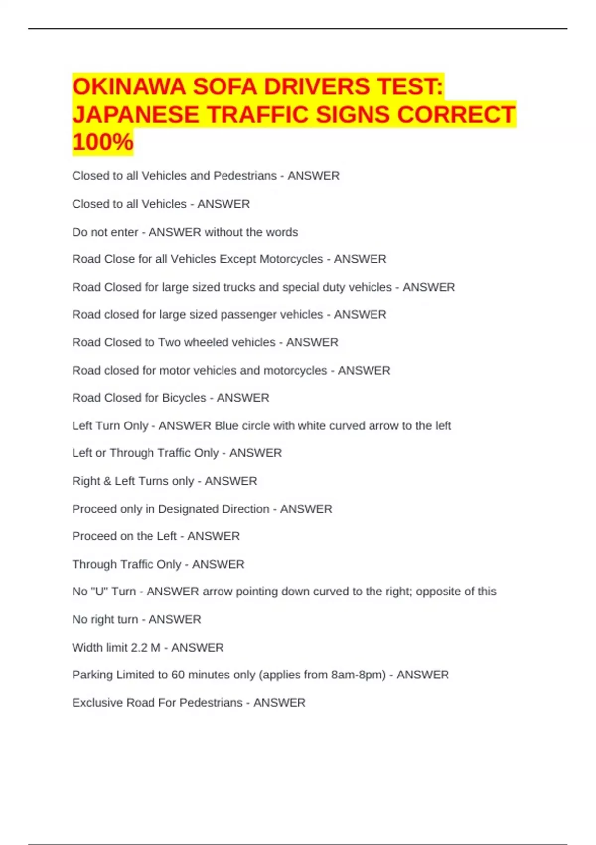 OKINAWA SOFA DRIVERS TEST: JAPANESE TRAFFIC SIGNS CORRECT 100% ...