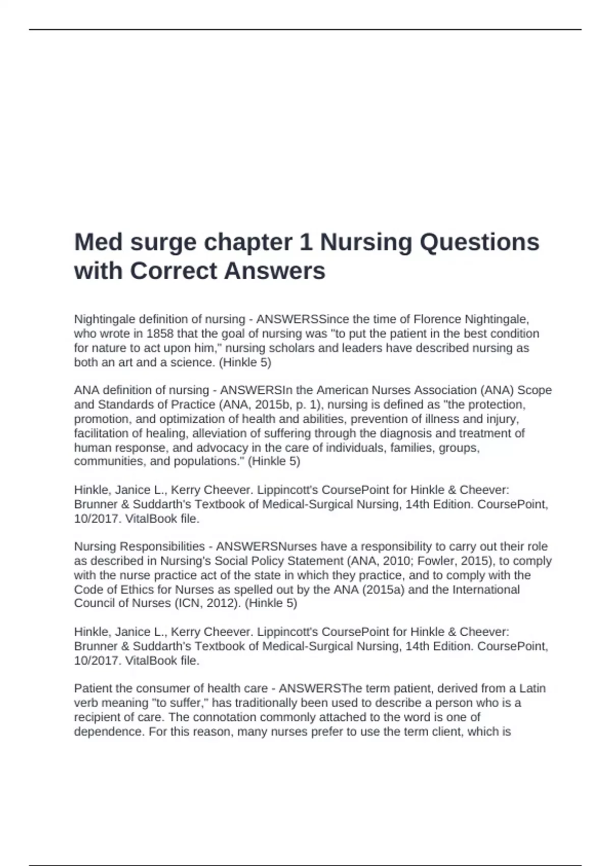 Med surge chapter 1 Nursing Questions with Correct Answers - Med surge ...