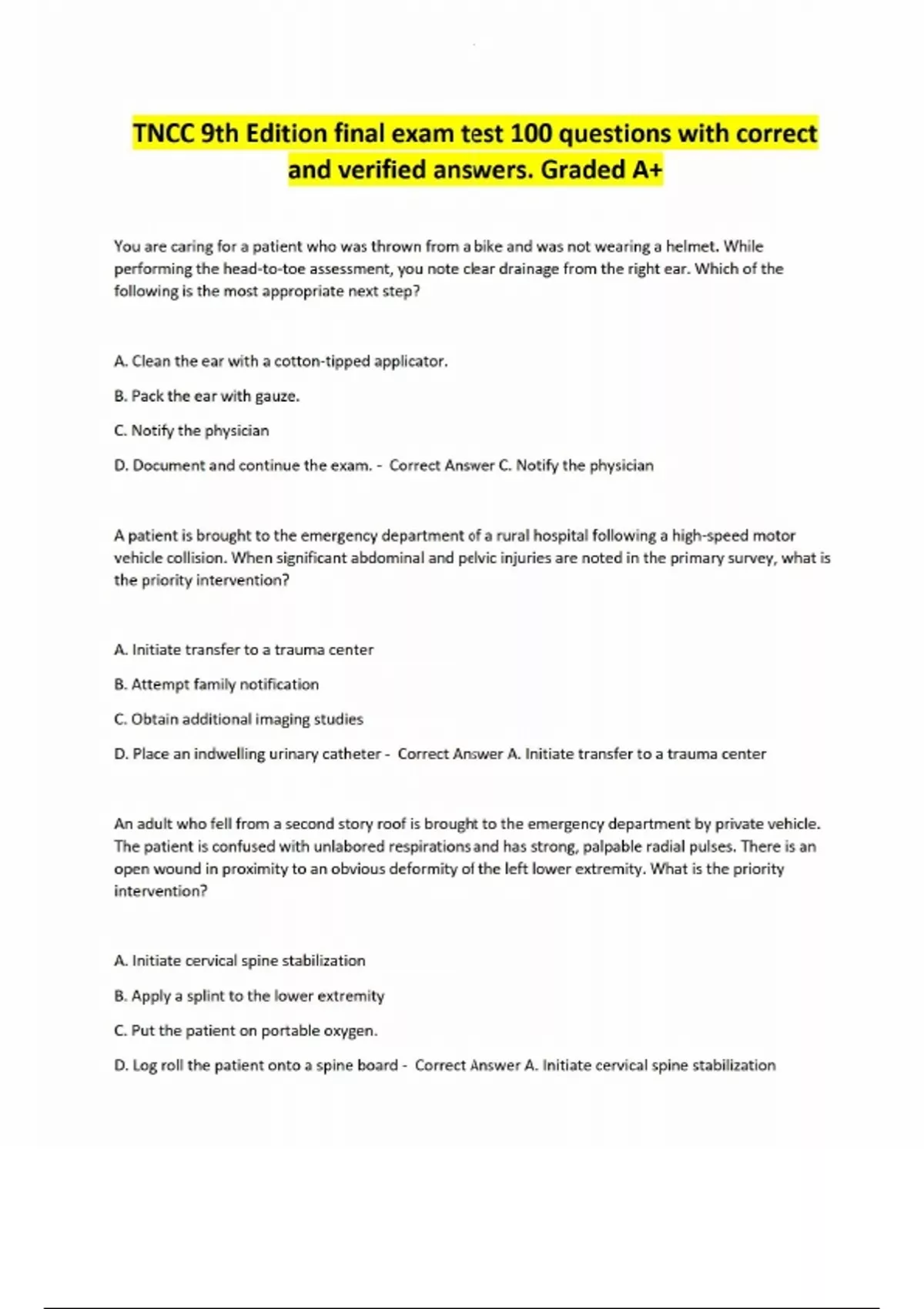 TNCC 9th Edition final exam test 100 questions with correct and ...