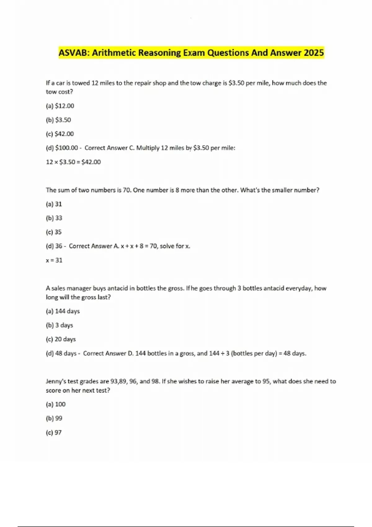 ASVAB: Arithmetic Reasoning Exam Questions And Answer 2025 - ASVAB ...