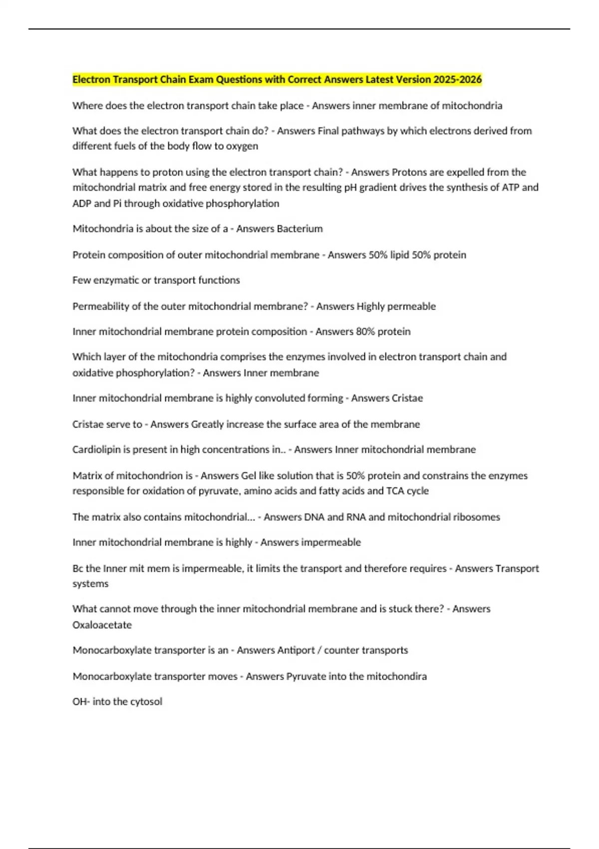 Electron Transport Chain Exam Questions with Correct Answers Latest ...