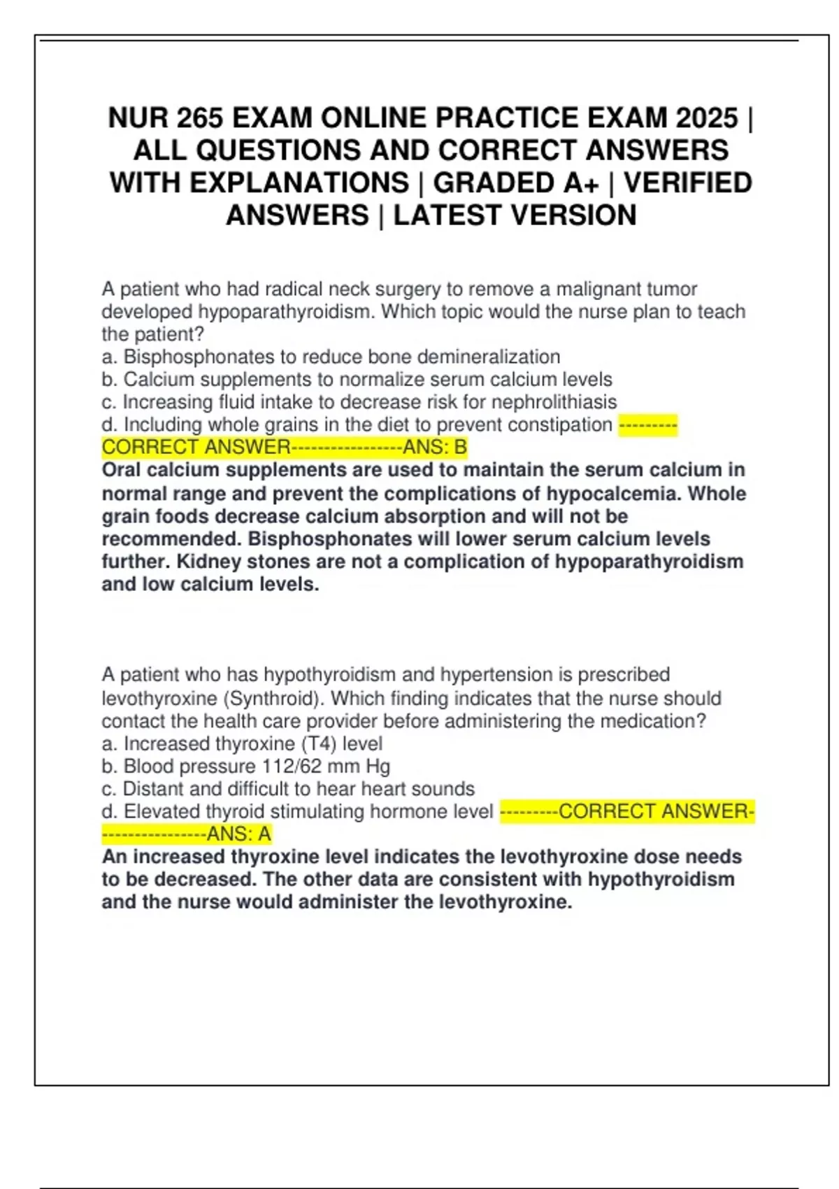 NUR 265 EXAM ONLINE PRACTICE EXAM 2025 | ALL QUESTIONS AND CORRECT ANSWERS WITH EXPLANATIONS ...