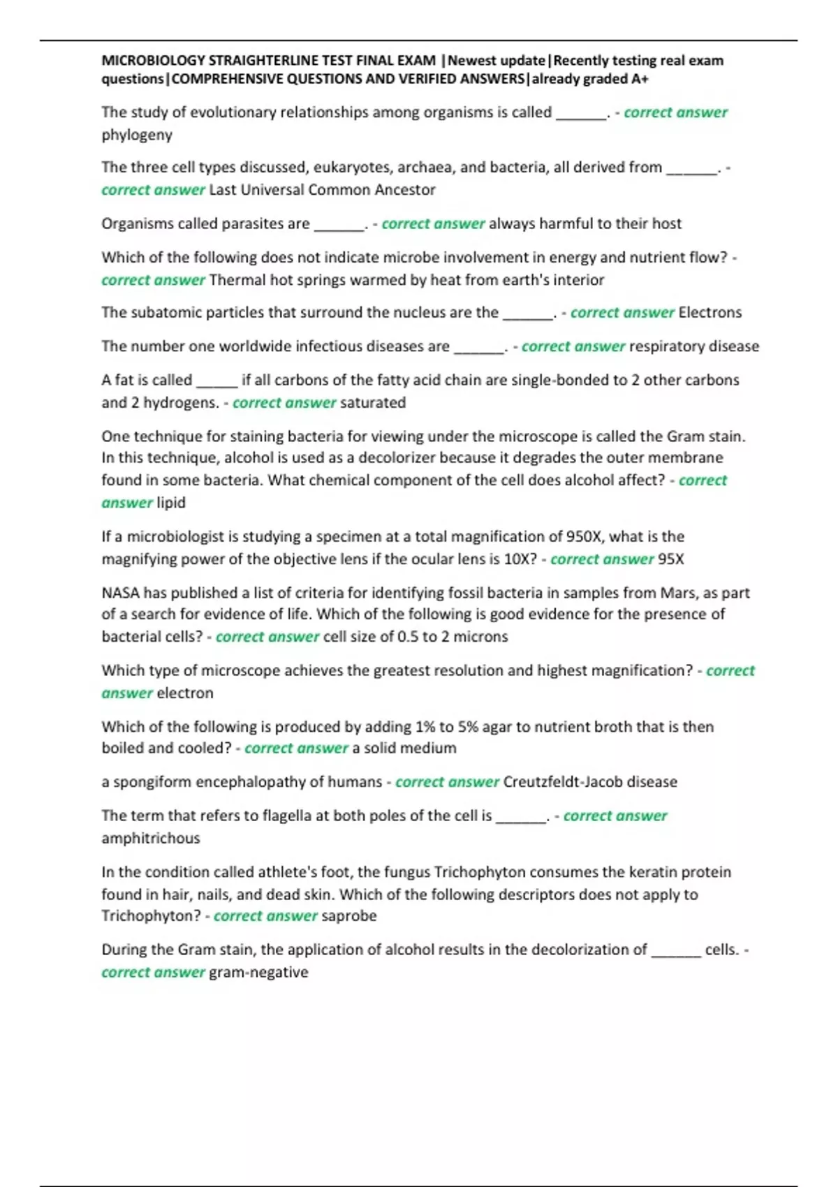 MICROBIOLOGY STRAIGHTERLINE TEST FINAL EXAM |Newest update|Recently ...