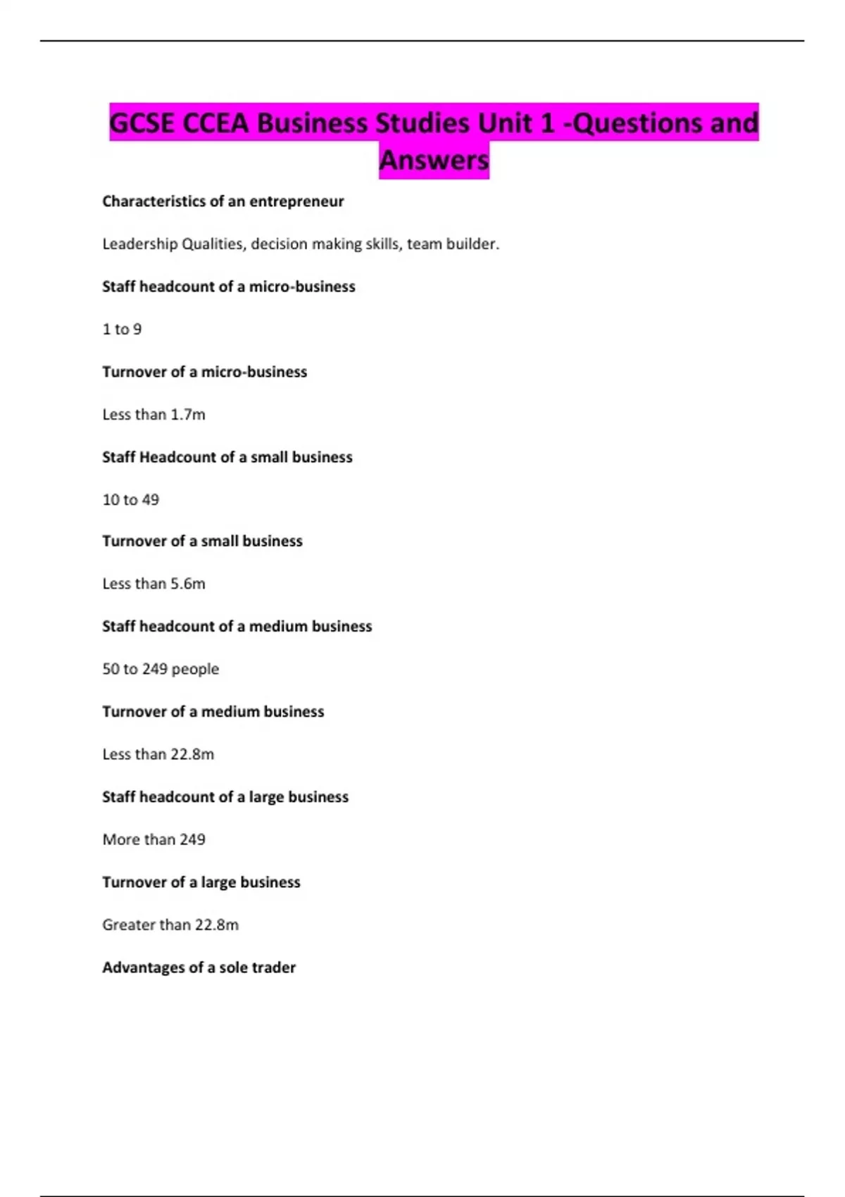 GCSE CCEA Business Studies Unit 1 -Questions and Answers - CCEA - Stuvia US