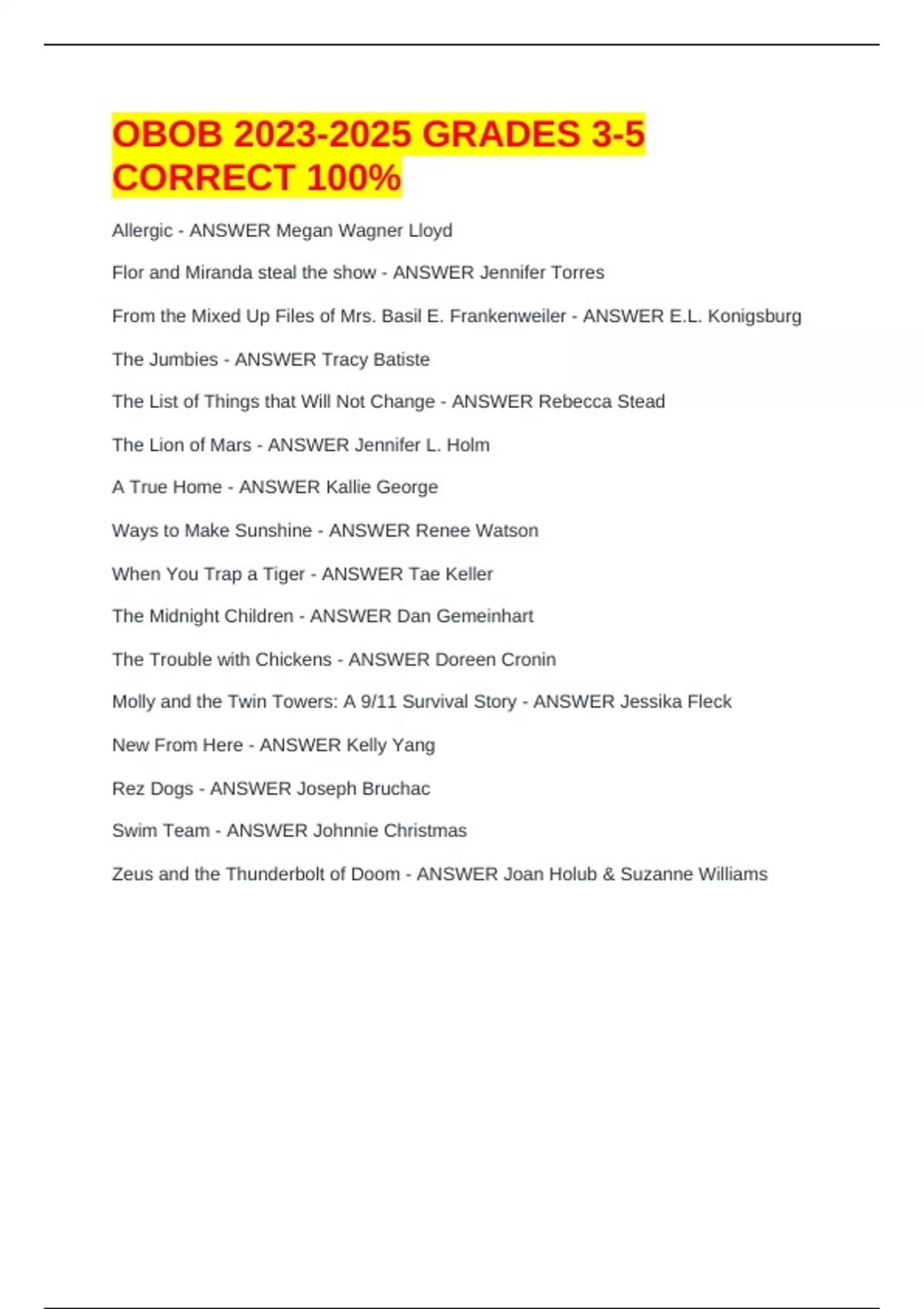 OBOB GRADES 3-5 CORRECT 100% - OBOB - Stuvia US