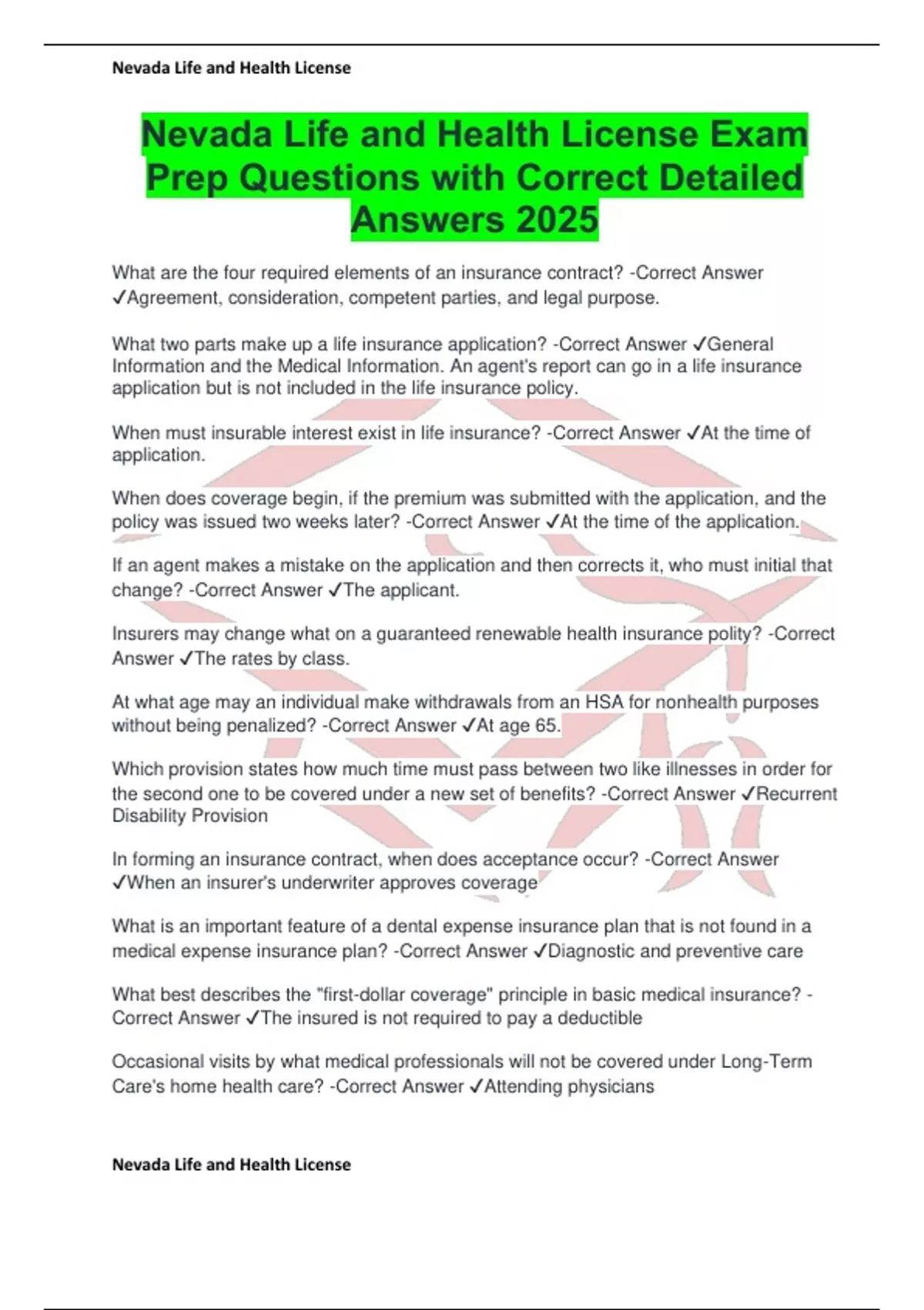 Nevada Life and Health License Exam Prep Questions with Correct ...