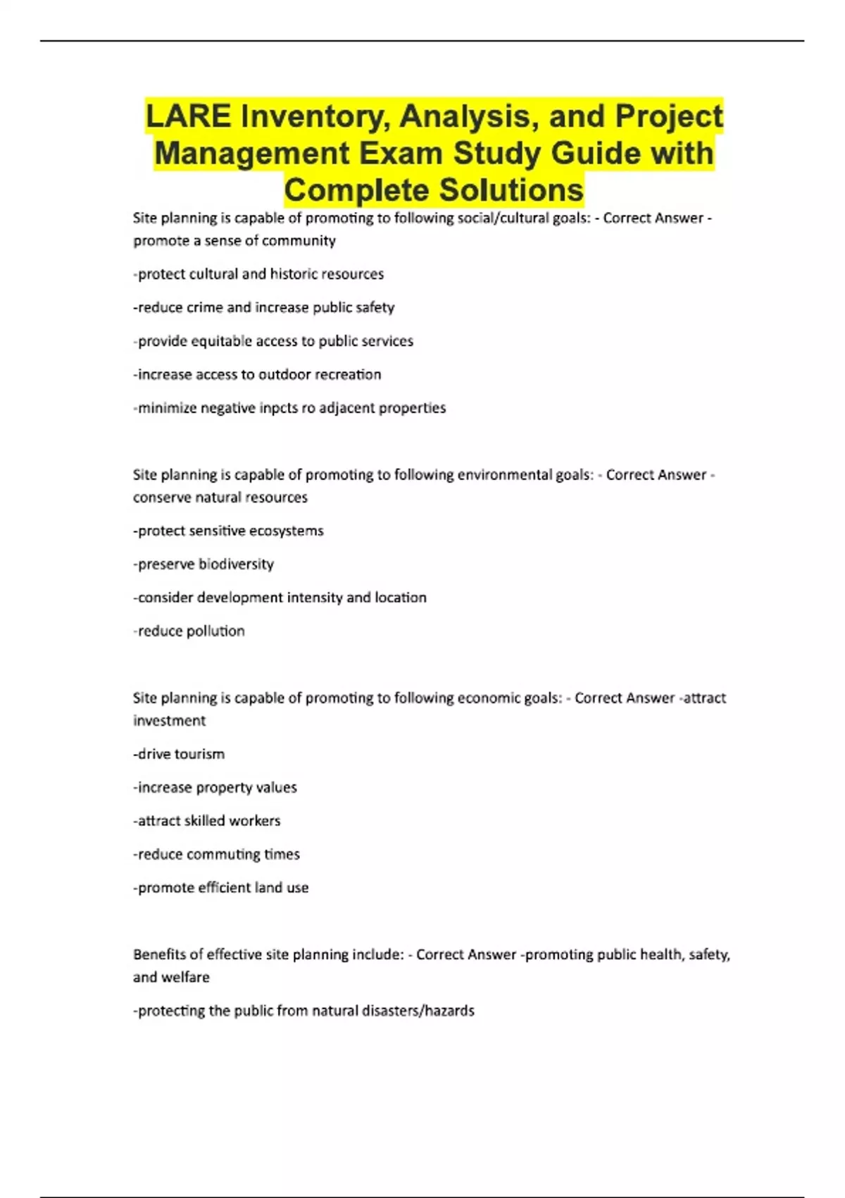 LARE Inventory, Analysis, and Project Management Exam Study Guide with ...