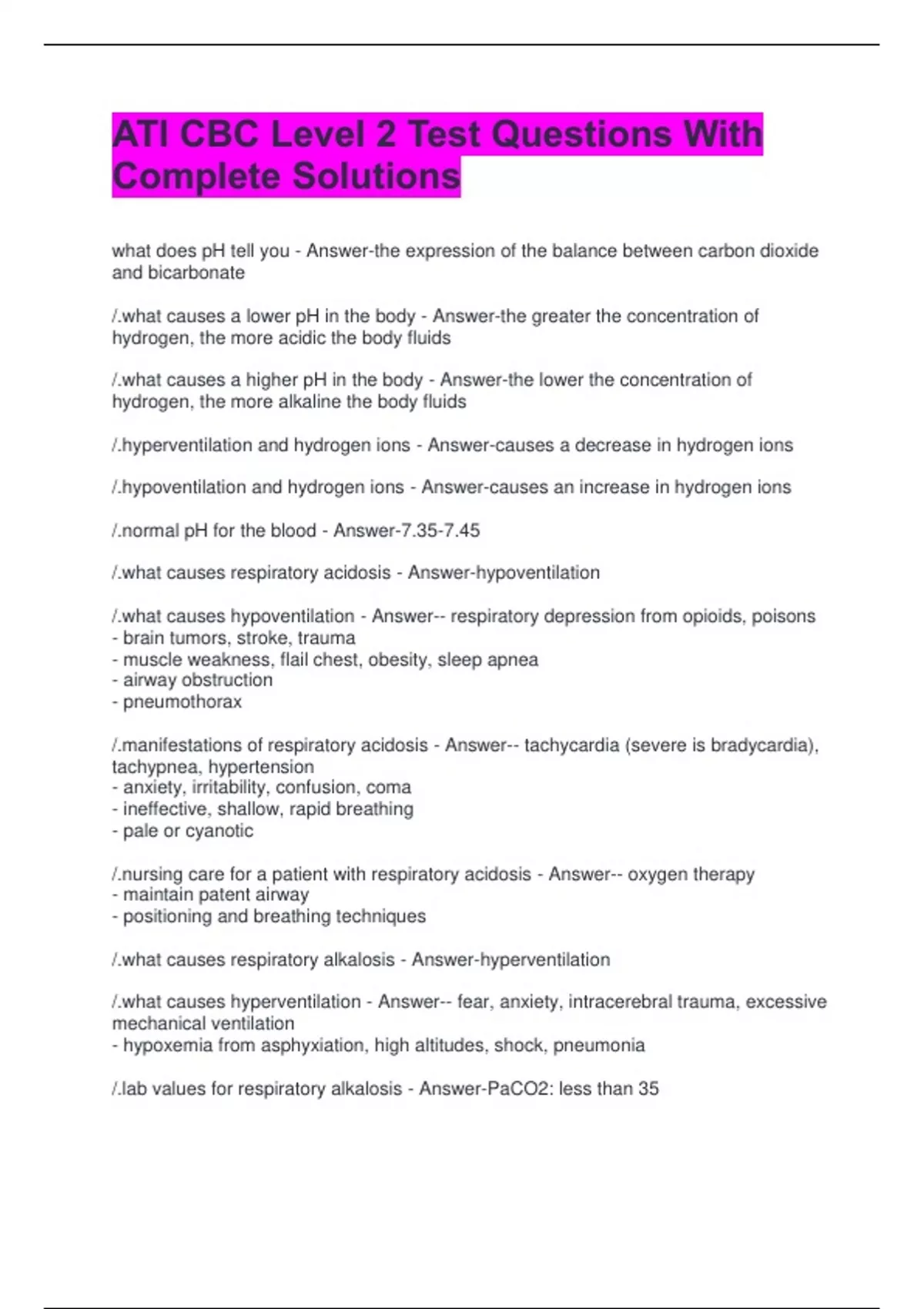 ATI CBC Level 2 Test Questions With Complete Solutions - ATI CBC Level ...
