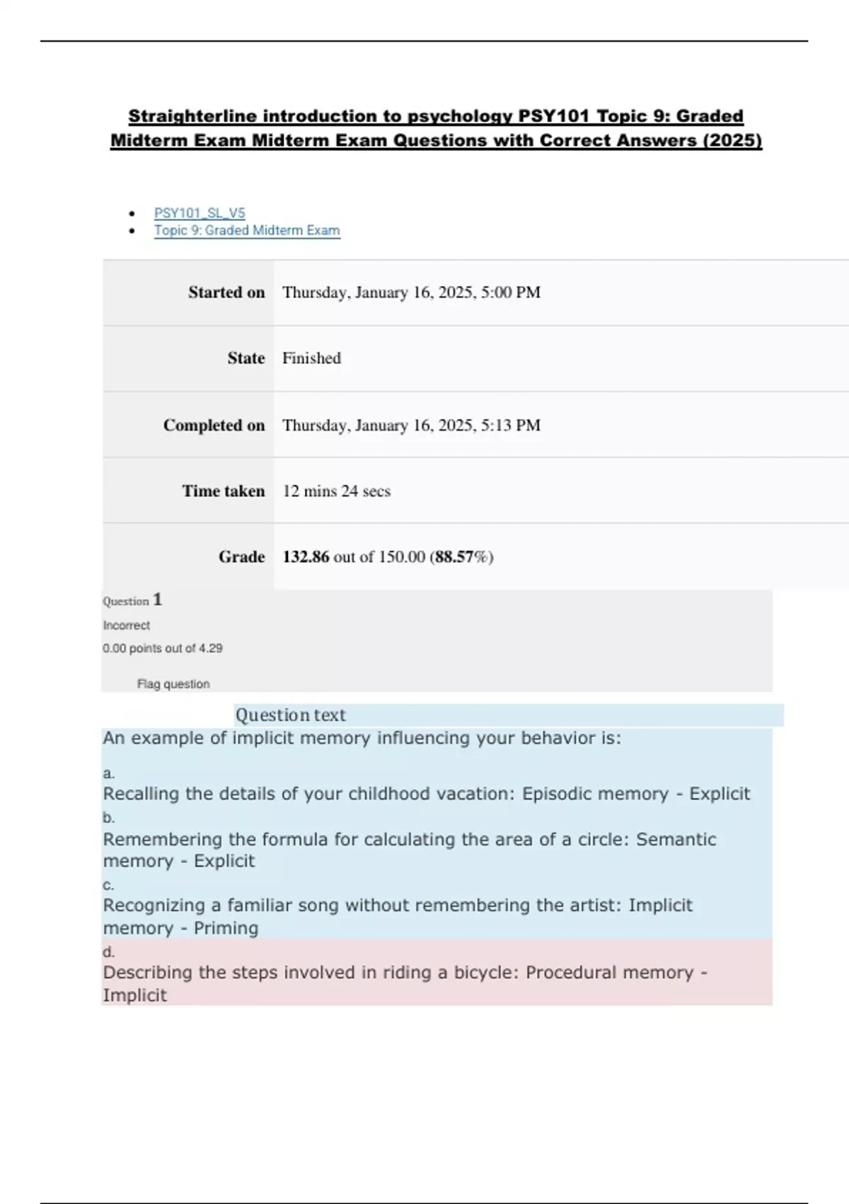 Straighterline introduction to psychology PSY101 Topic 9: Graded Midterm Exam Midterm Exam ...