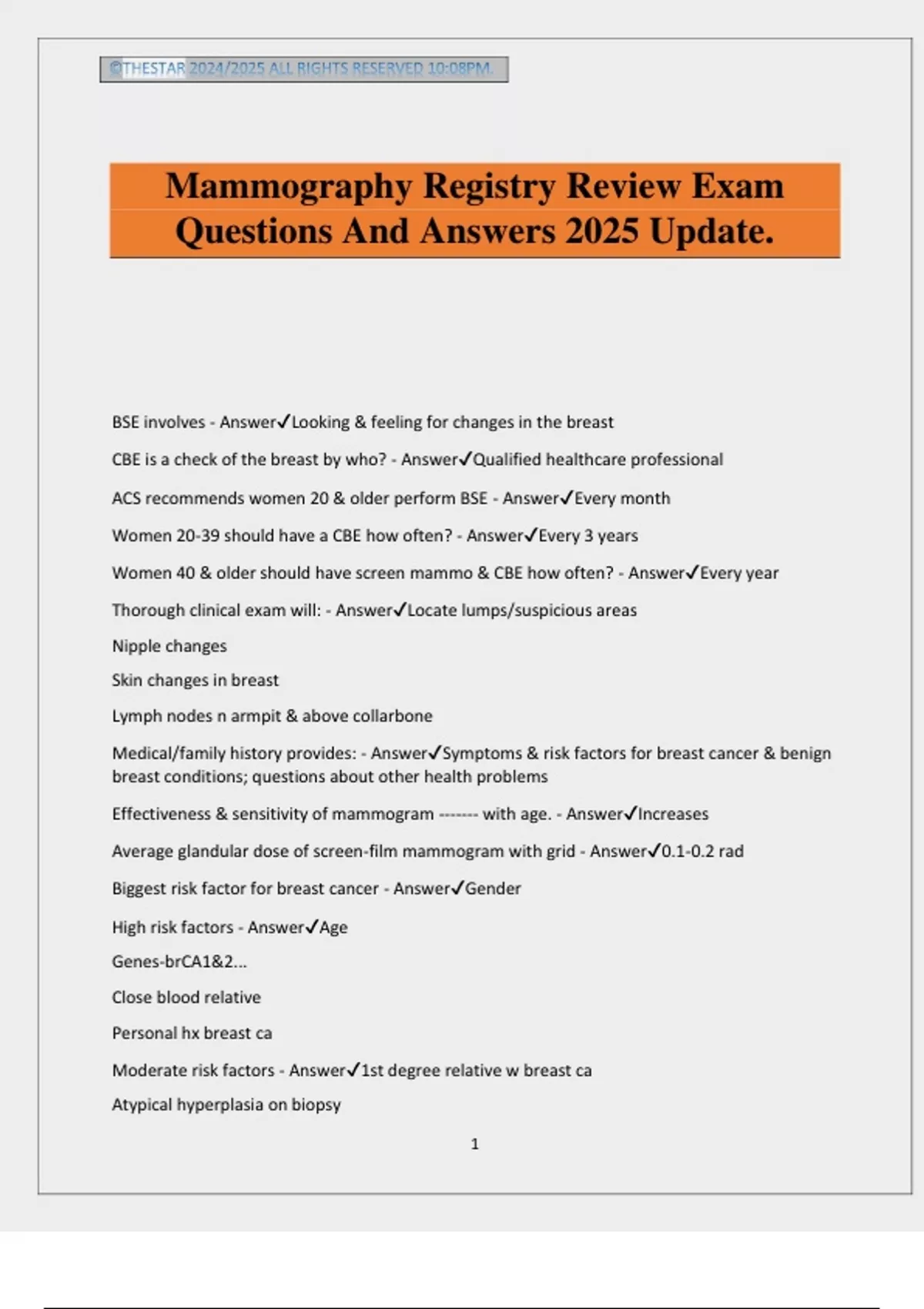 Mammography Registry Review Exam Questions And Answers 2025 Update ...