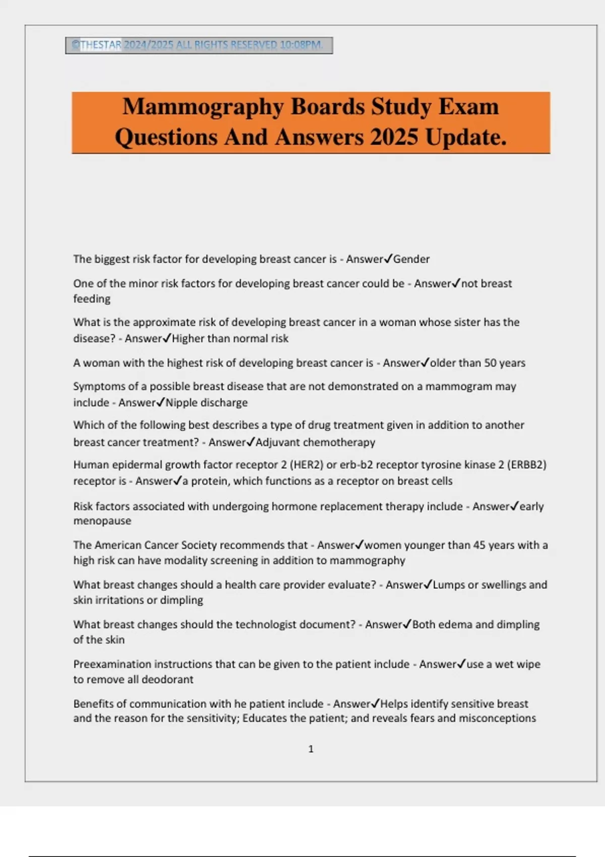 Mammography Boards Study Exam Questions And Answers 2025 Update ...