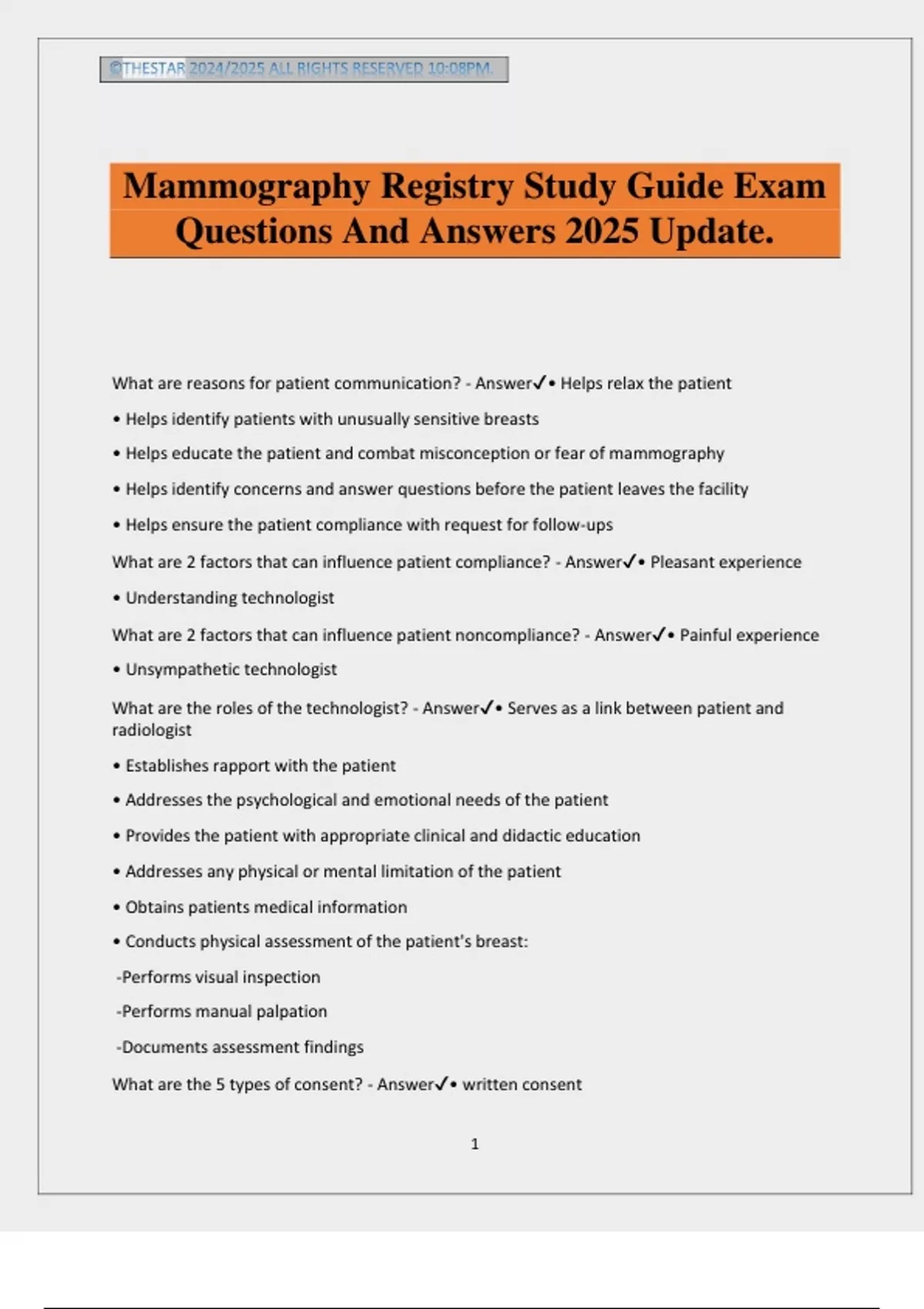 Mammography Registry Study Guide Exam Questions And Answers 2025 Update ...