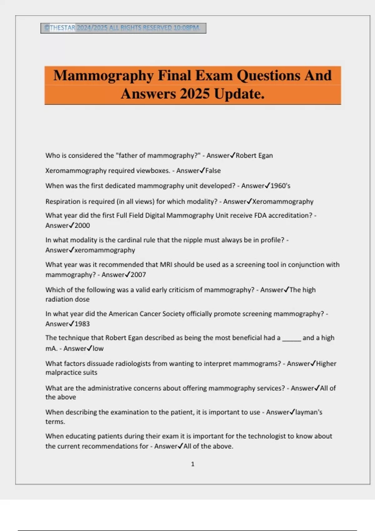Mammography Final Exam Questions And Answers 2025 Update. - Mammography - Stuvia US