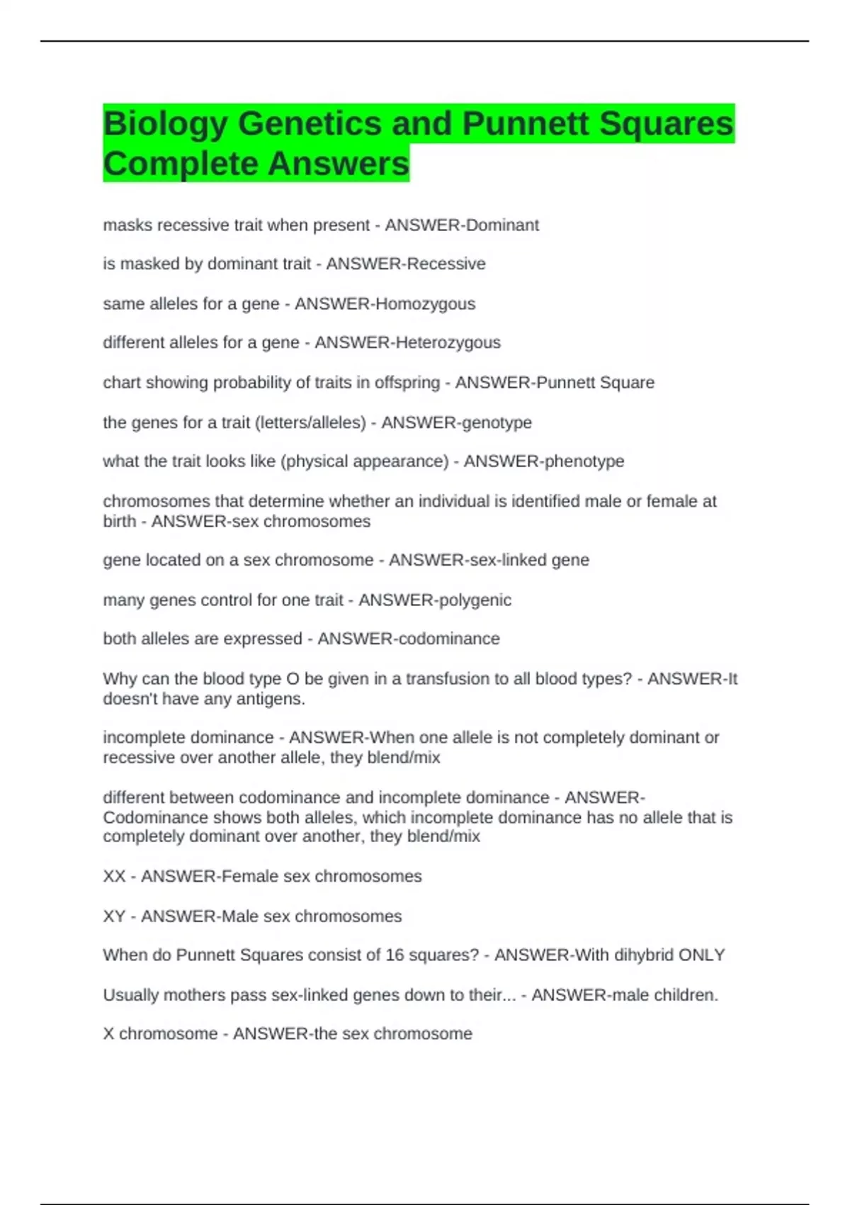Biology Genetics and Punnett Squares Complete Answers - Punnett Squares ...
