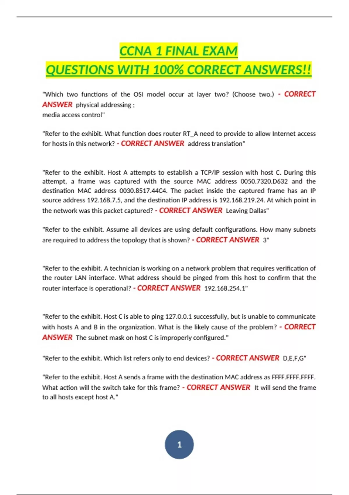 CCNA 1 FINAL EXAM QUESTIONS WITH 100% CORRECT ANSWERS!! - CCNA - Cisco ...