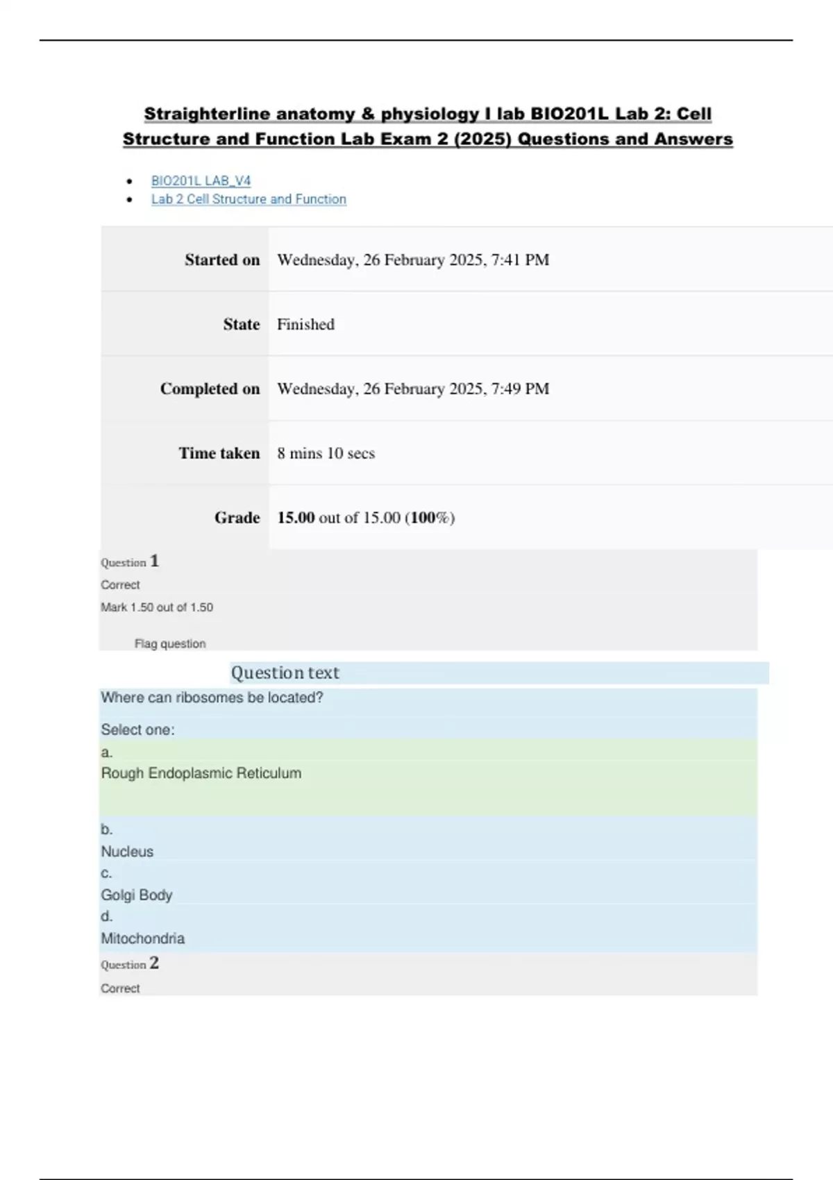 Straighterline anatomy & physiology I lab BIO201L Lab 2: Cell Structure and Function Lab Exam 2 ...