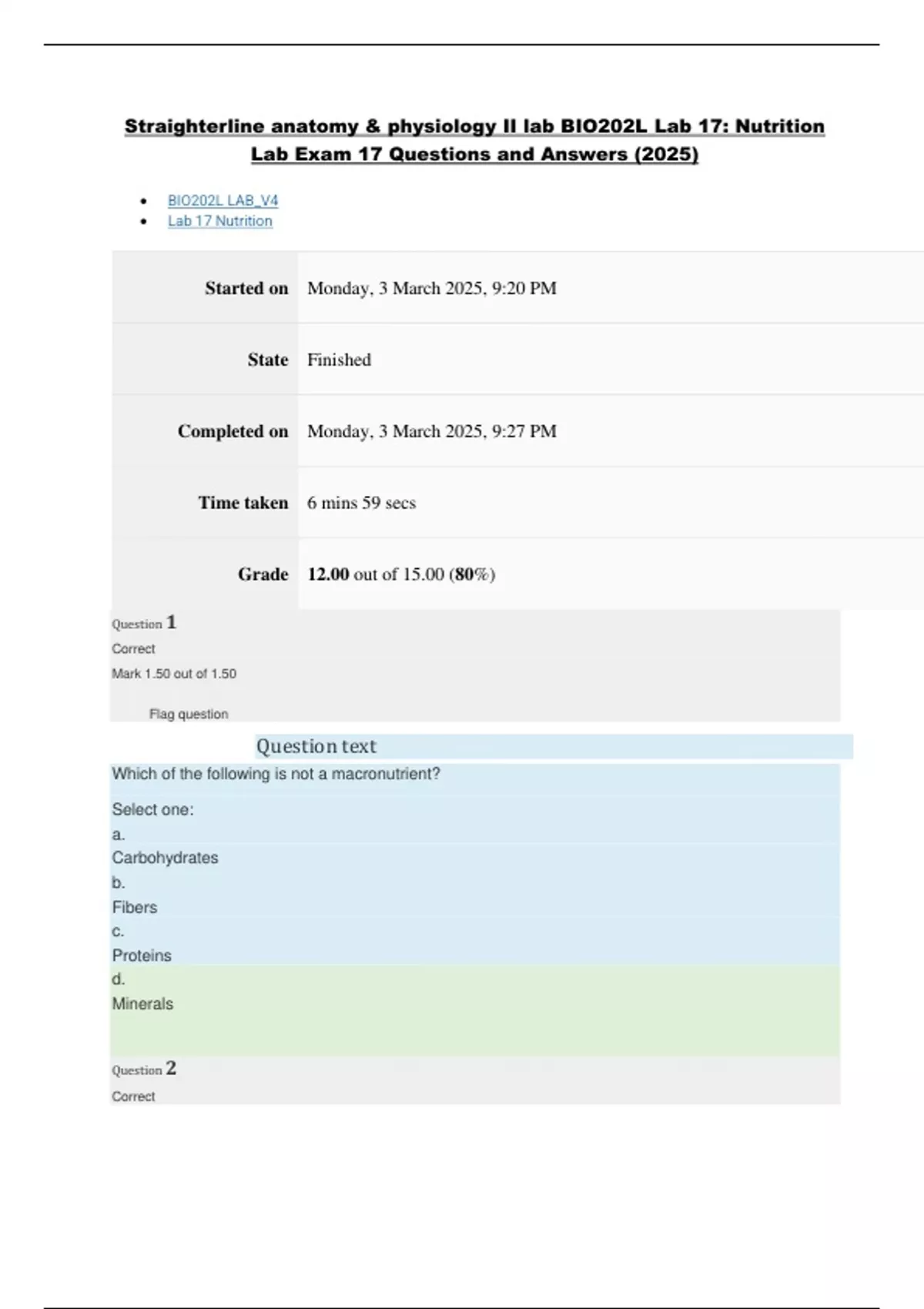 Straighterline anatomy & physiology II lab BIO202L Lab 17: Nutrition Lab Exam 17 Questions and ...