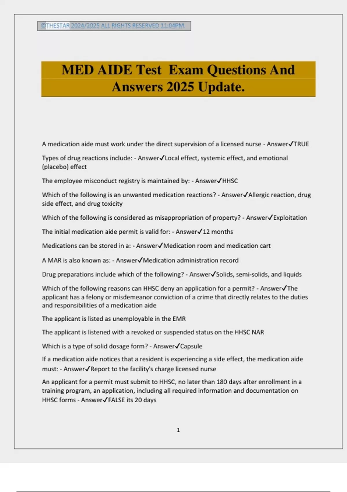 MED AIDE Test Exam Questions And Answers 2025 Update. - MED AIDE ...