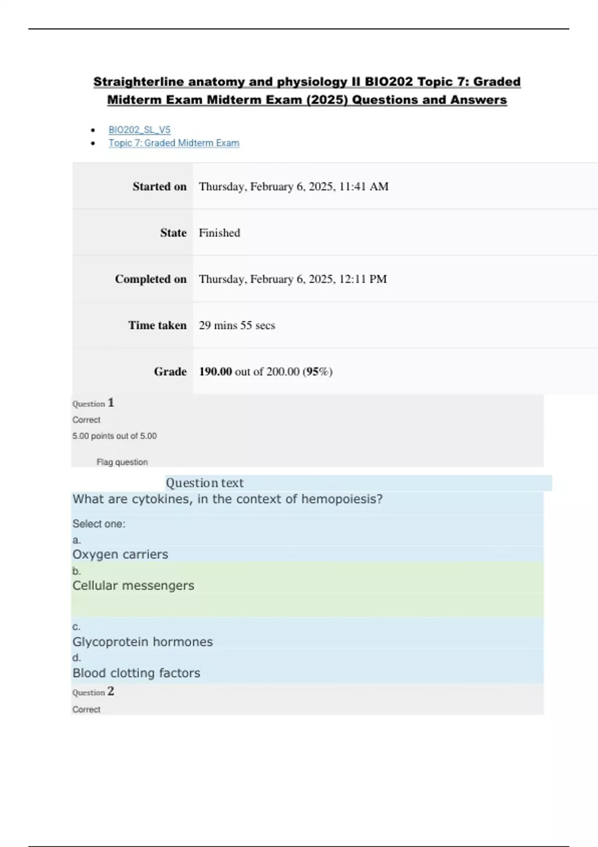BUNDLE-::Straighterline anatomy and physiology II BIO202 Graded Exams 1 ...