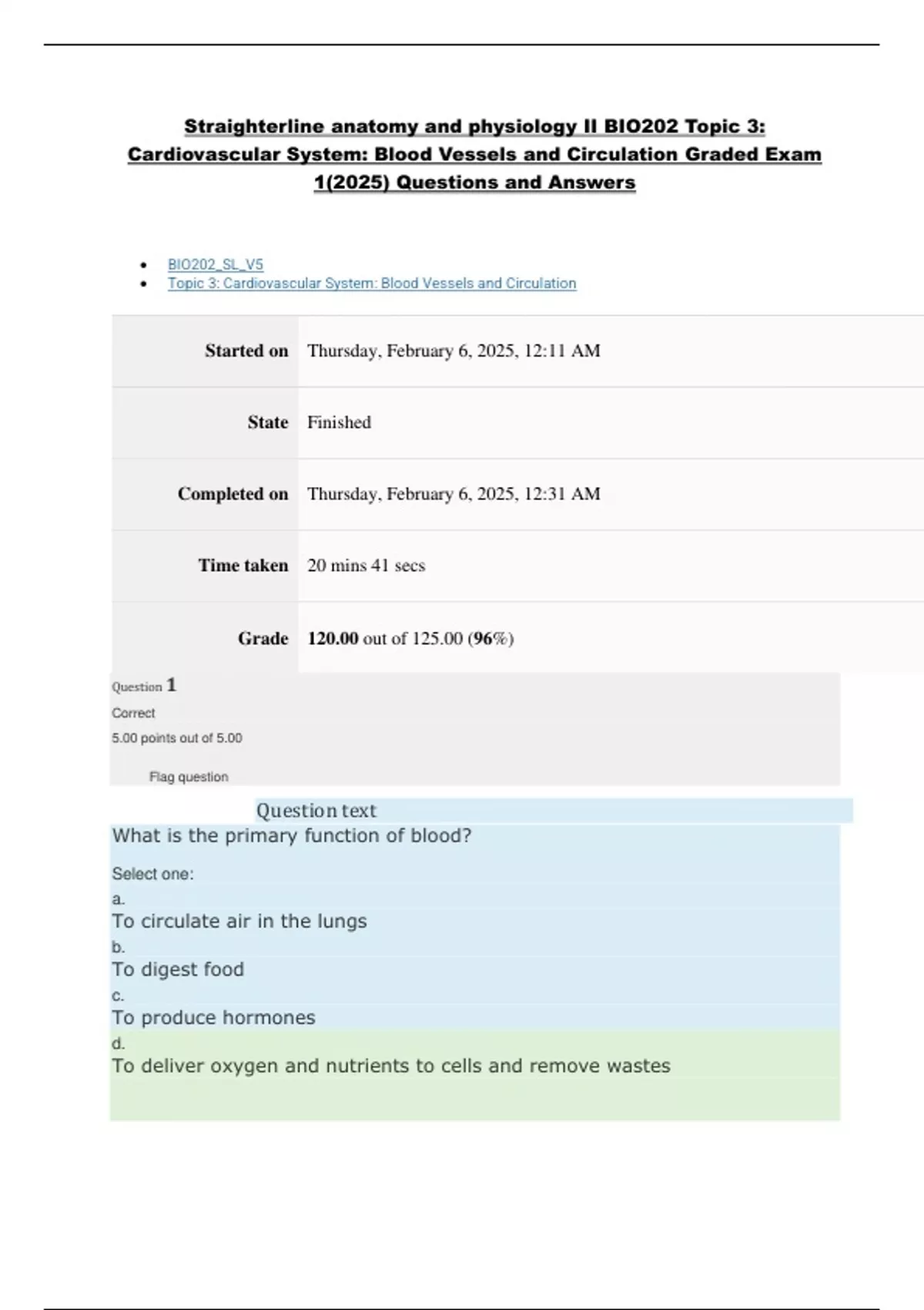 Straighterline anatomy and physiology II BIO202 Topic 3: Cardiovascular ...
