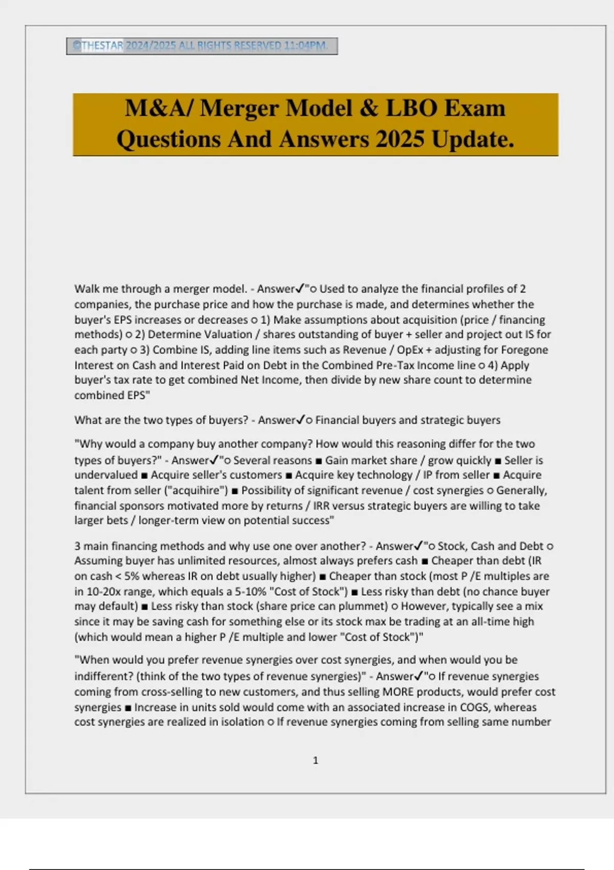 M&A/ Merger Model & LBO Exam Questions And Answers 2025 Update ...