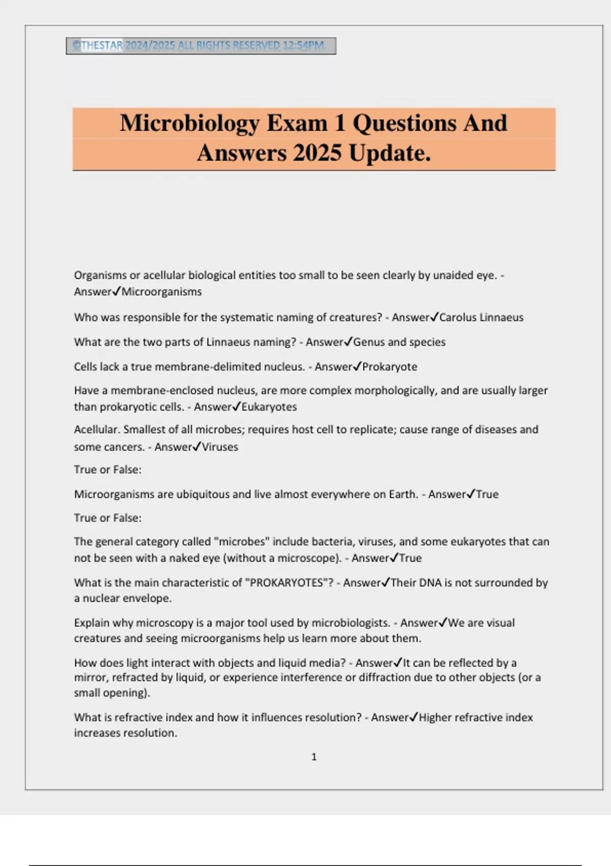 Microbiology Exam 1 Questions And Answers 2025 Update. - Microbiology ...