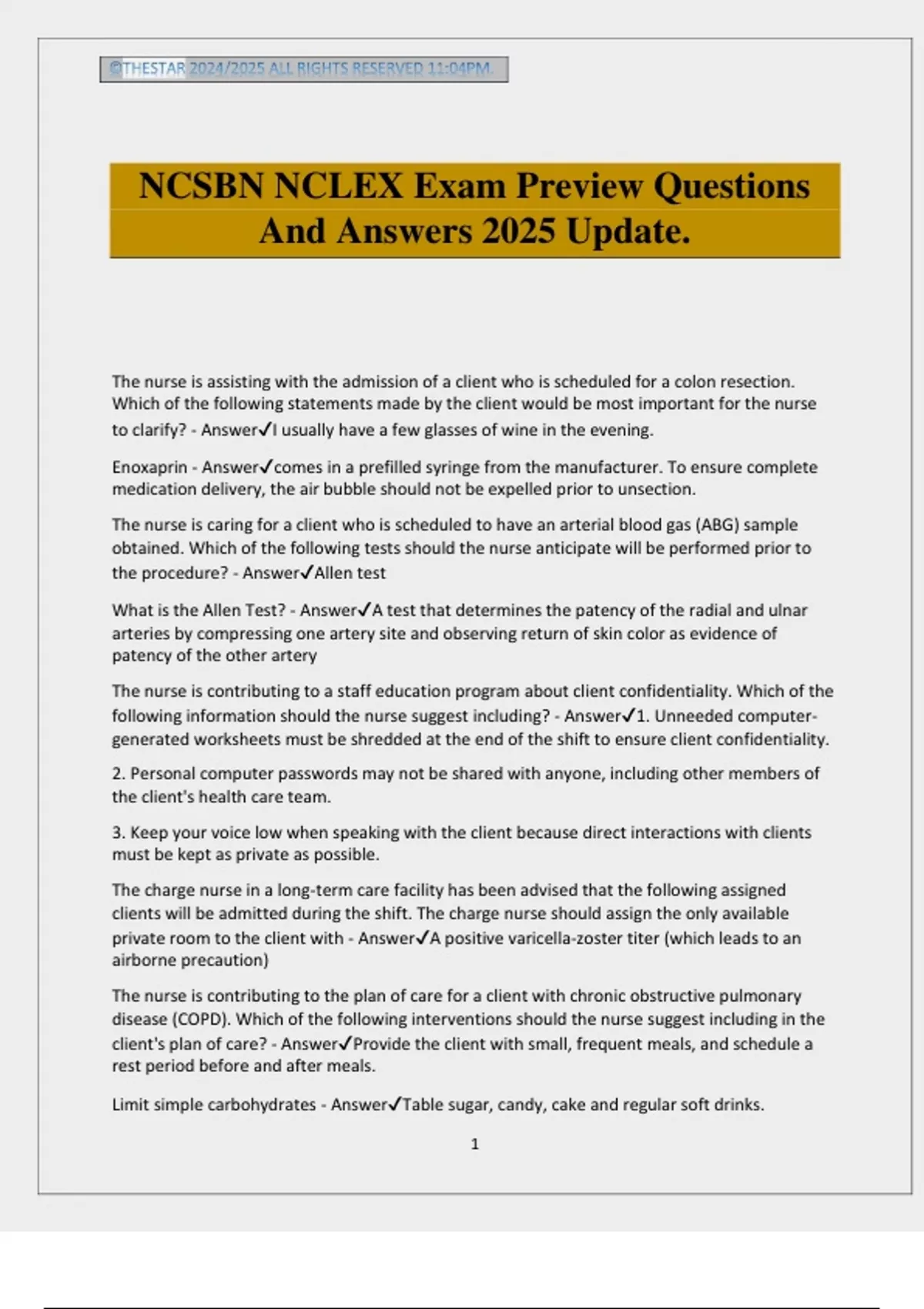 NCSBN NCLEX Exam Preview Questions And Answers 2025 Update. - Ncsbn - Stuvia US