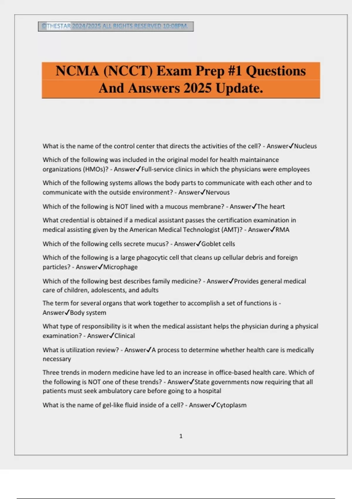 NCMA (NCCT) Exam Prep #1 Questions And Answers 2025 Update - NCMA ...