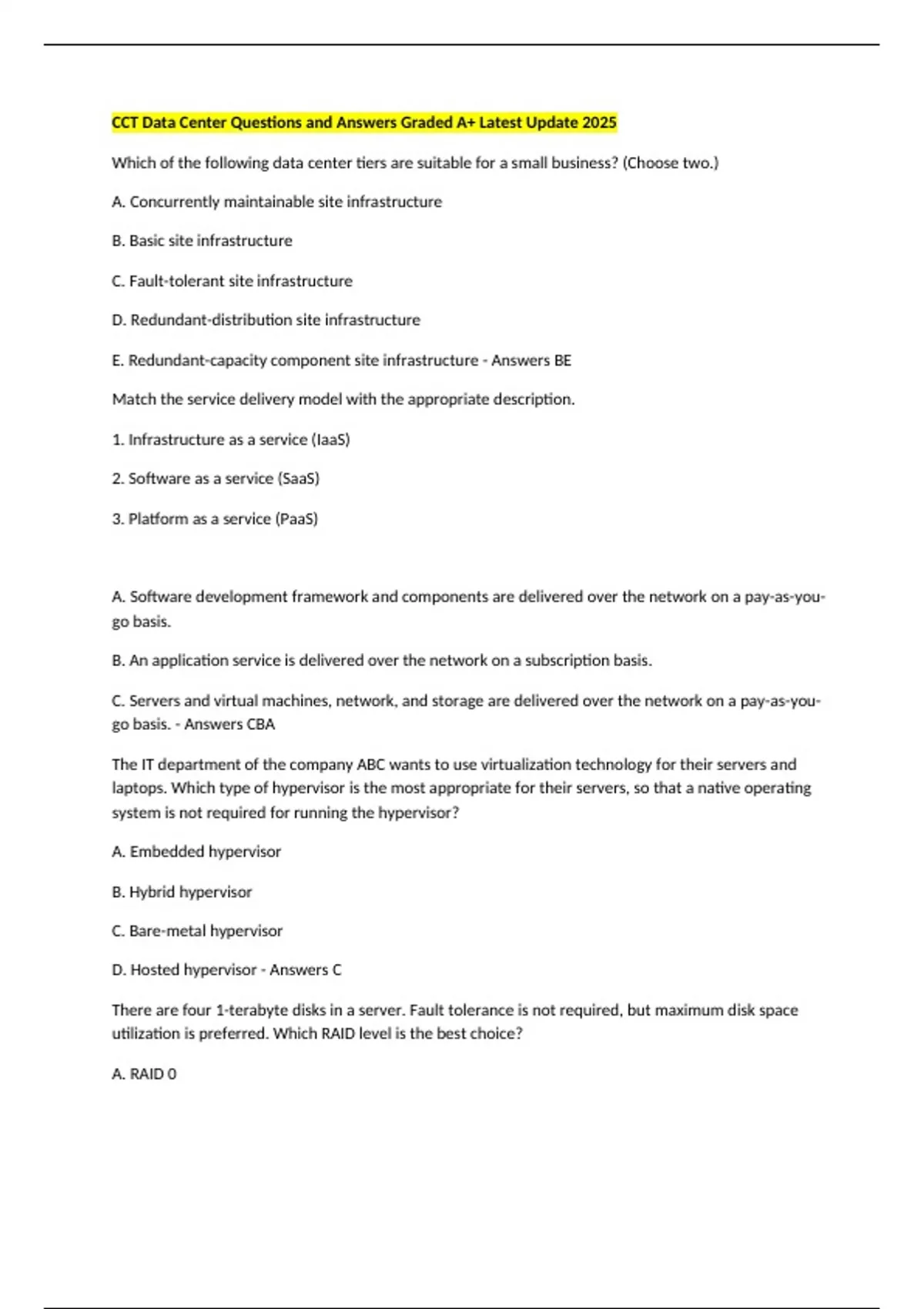 CCT Data Center Questions and Answers Graded A+ Latest Update 2025 ...