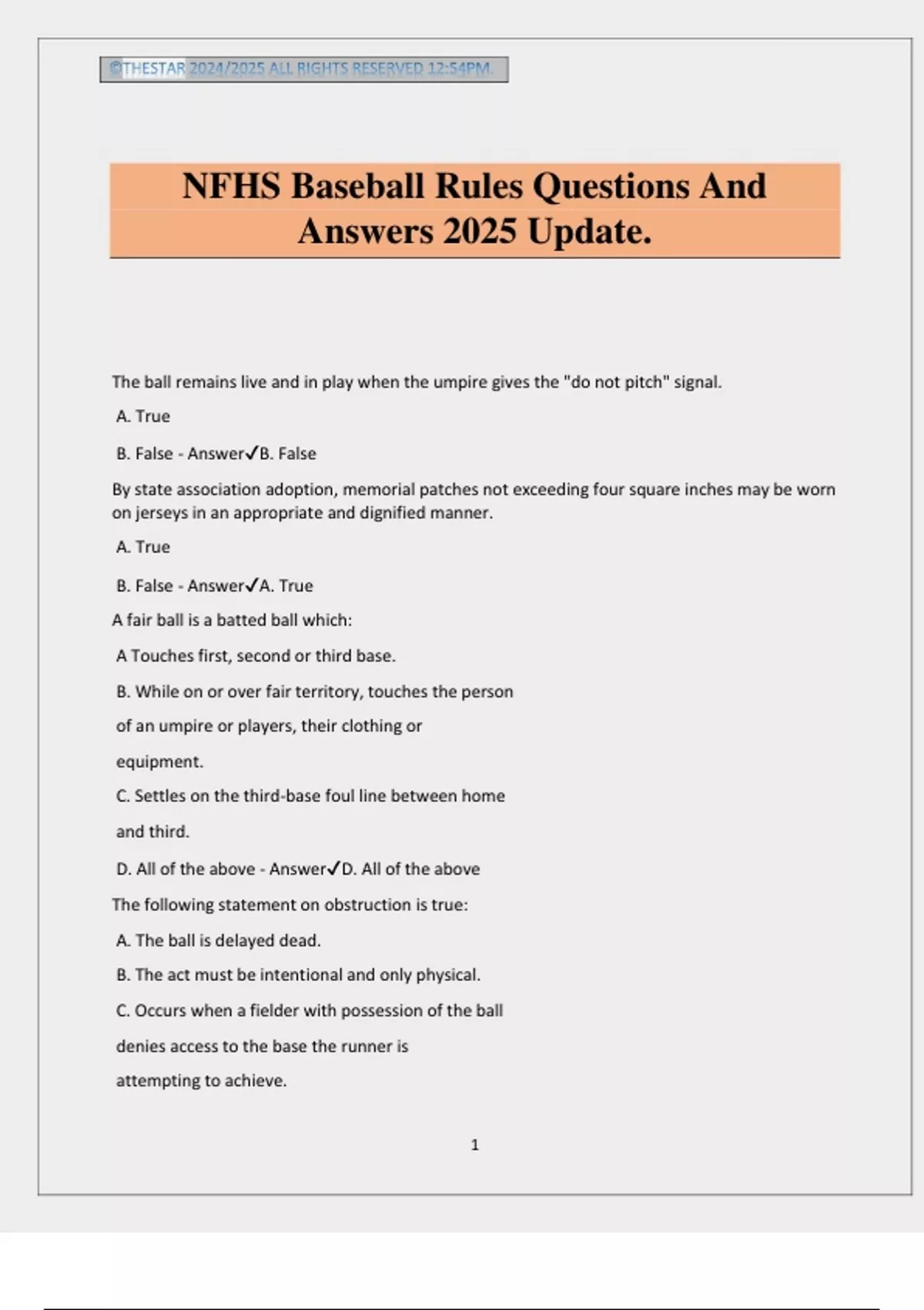 NFHS Baseball Rules Questions And Answers 2025 Update. - NFHS - Stuvia US