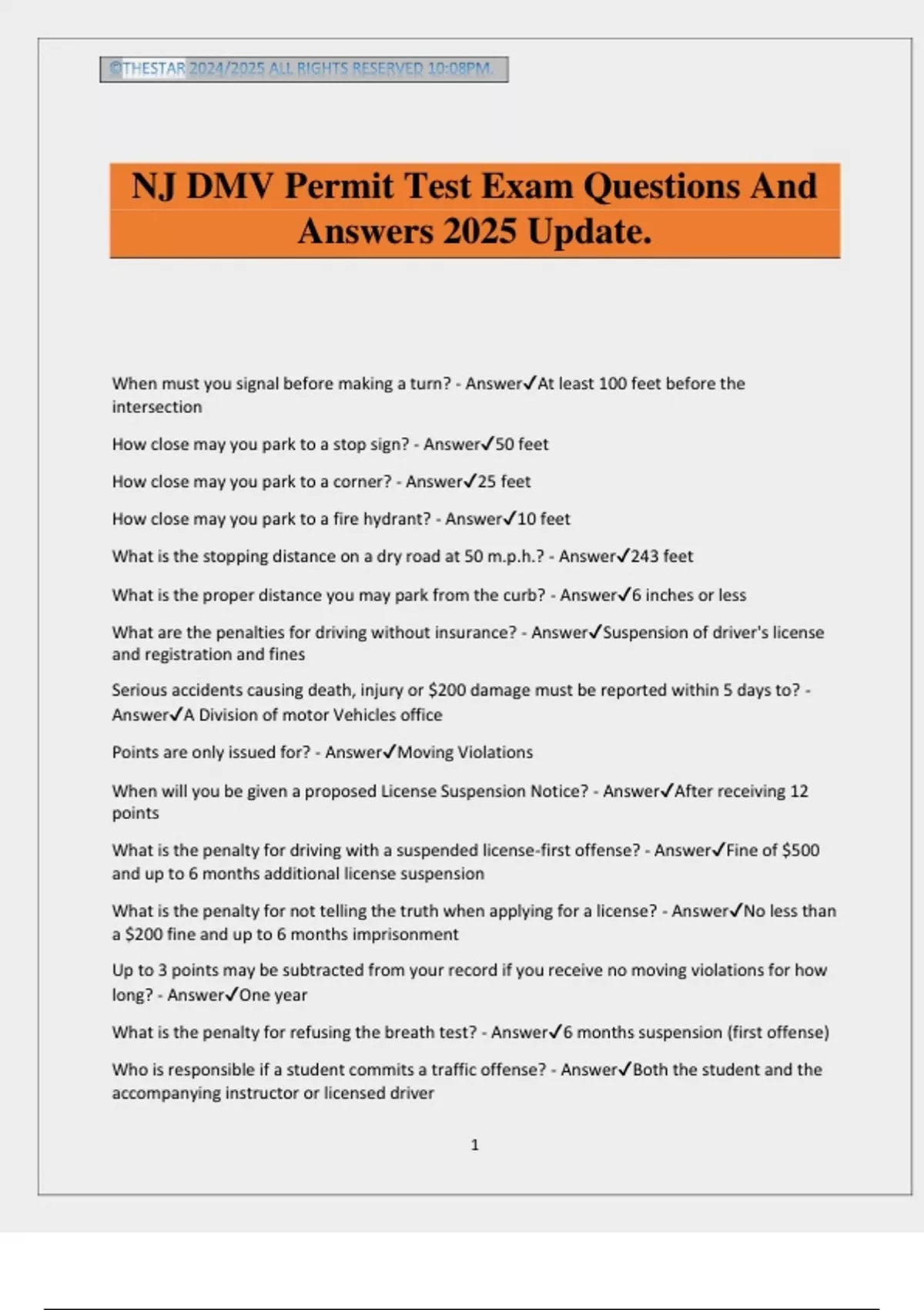 NJ DMV Permit Test Exam Questions And Answers 2025 Update. - NJ DMV ...
