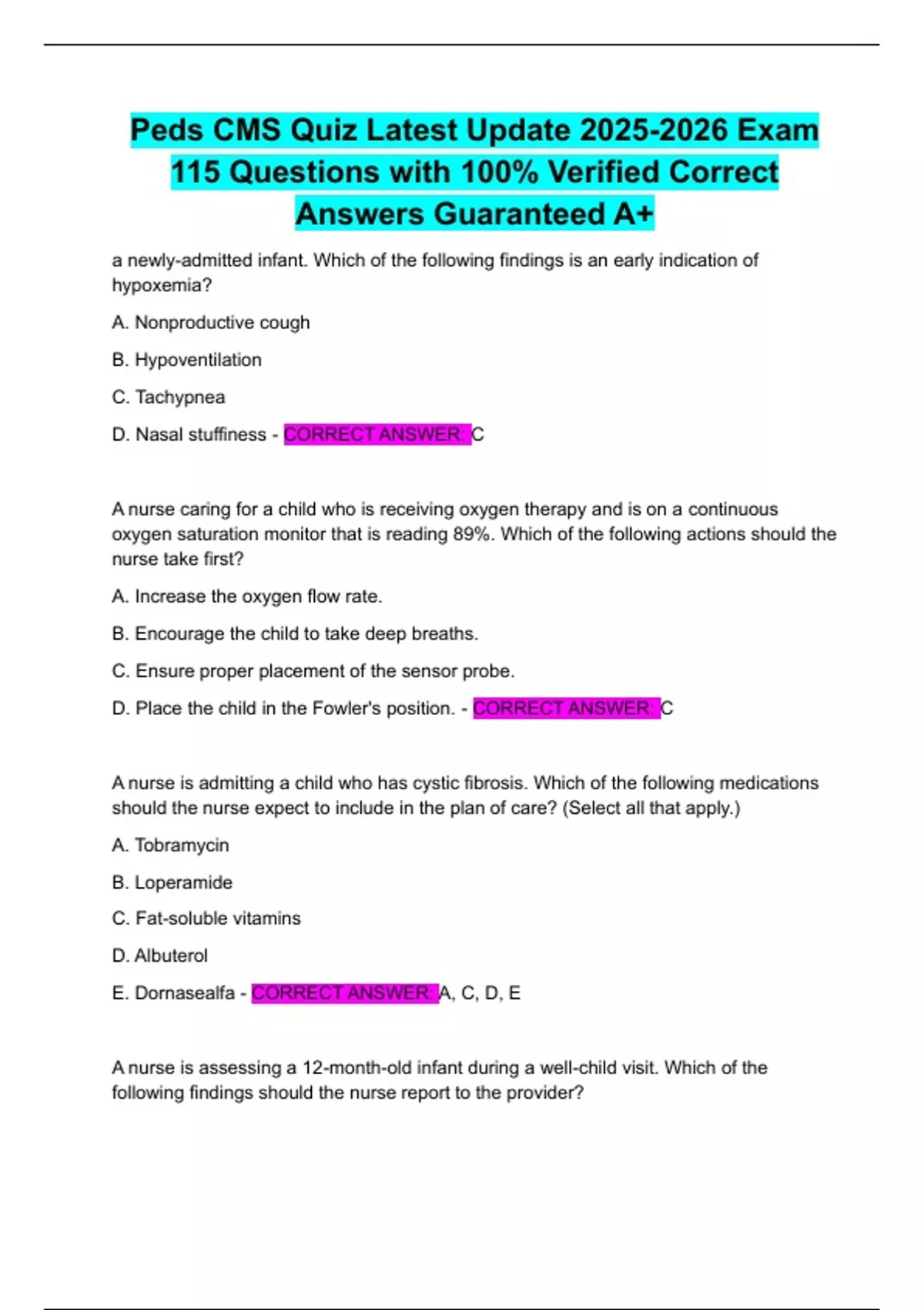 Peds CMS Quiz Latest Update Exam 115 Questions with 100% Verified ...