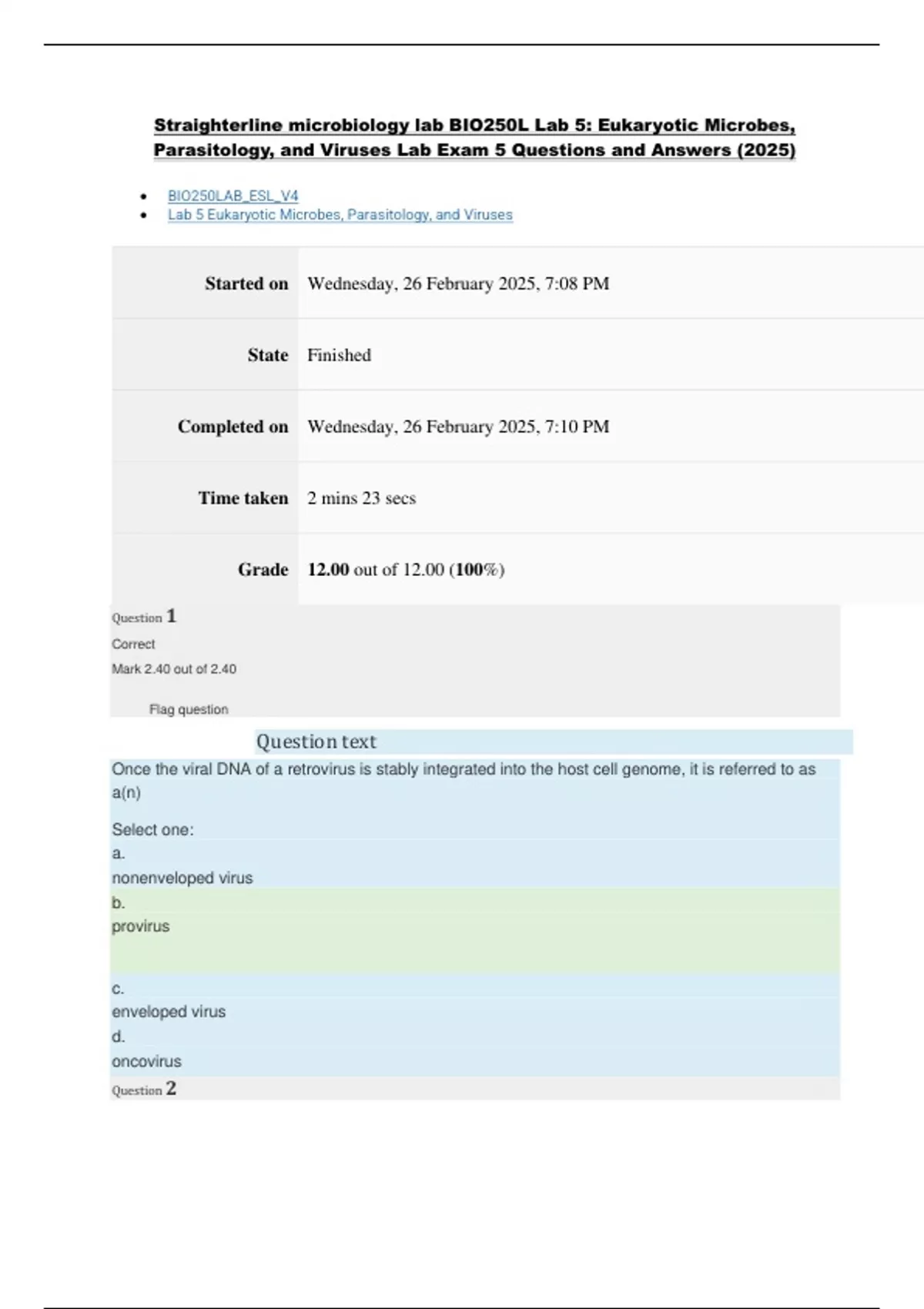 Straighterline microbiology lab BIO250L Lab 5: Eukaryotic Microbes, Parasitology, and Viruses ...