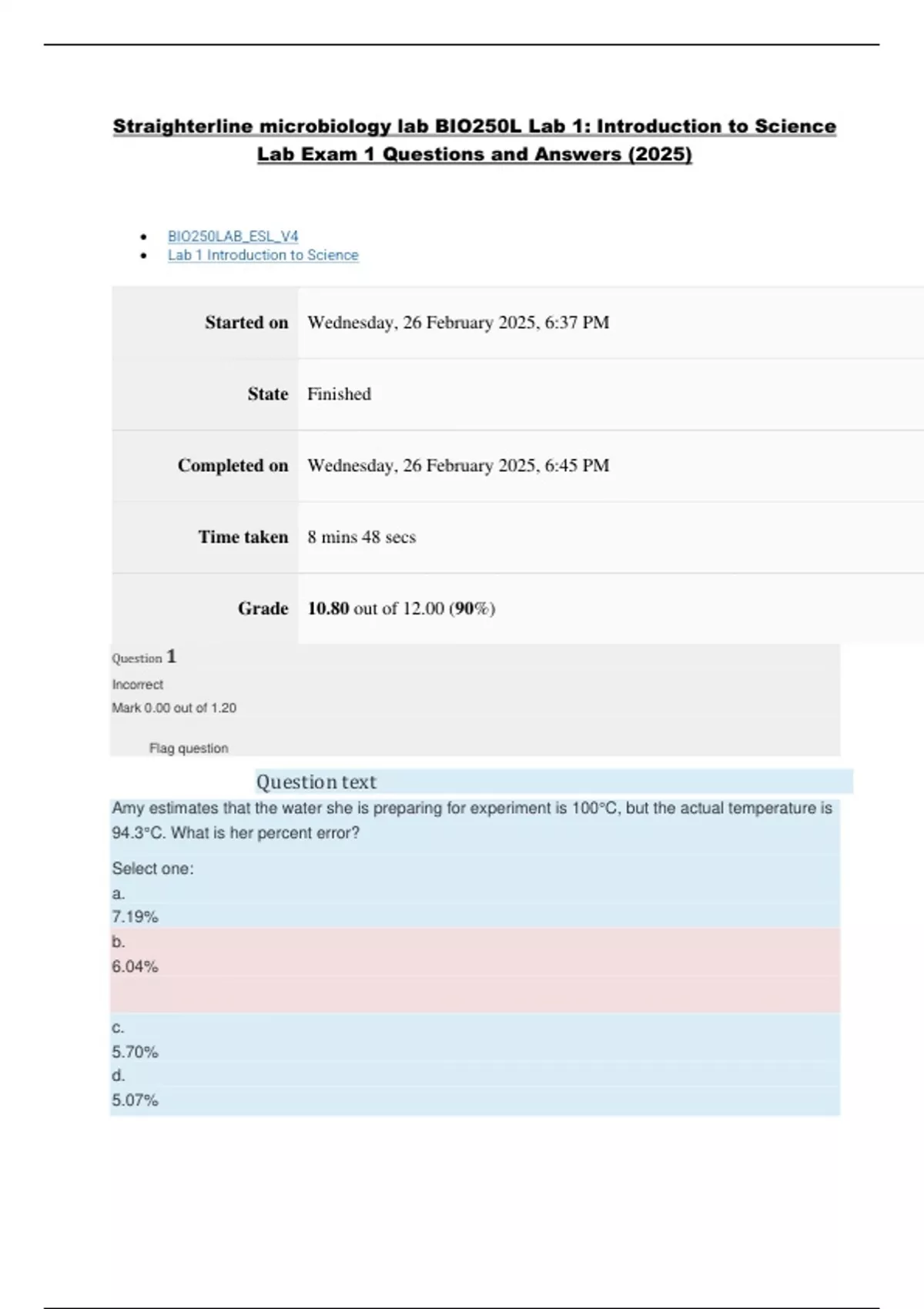 Straighterline microbiology lab BIO250L Lab 1: Introduction to Science Lab Exam 1 Questions and ...