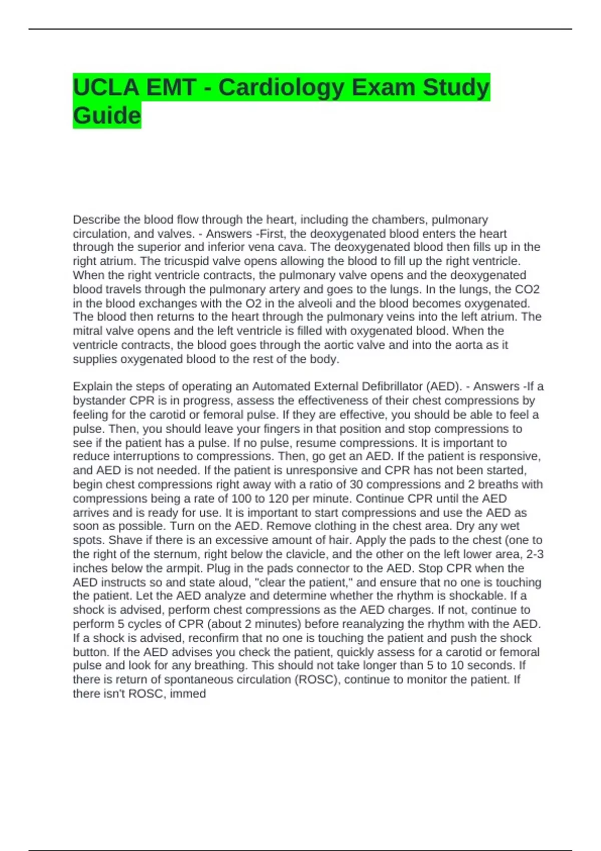 UCLA EMT - Cardiology Exam Study Guide Updated - UCLA EMT - Stuvia US