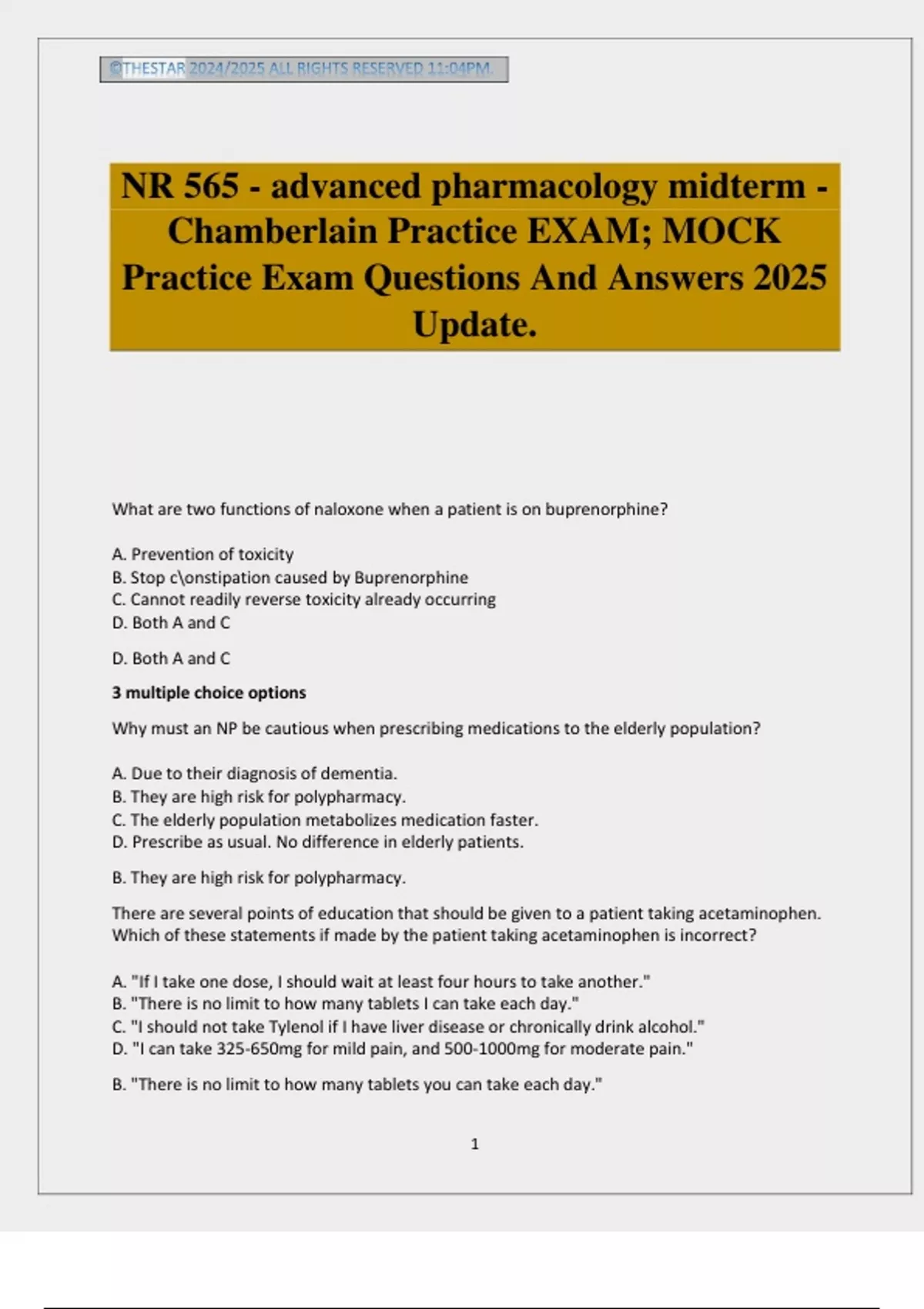NR 565 - advanced pharmacology midterm - Chamberlain Practice EXAM ...