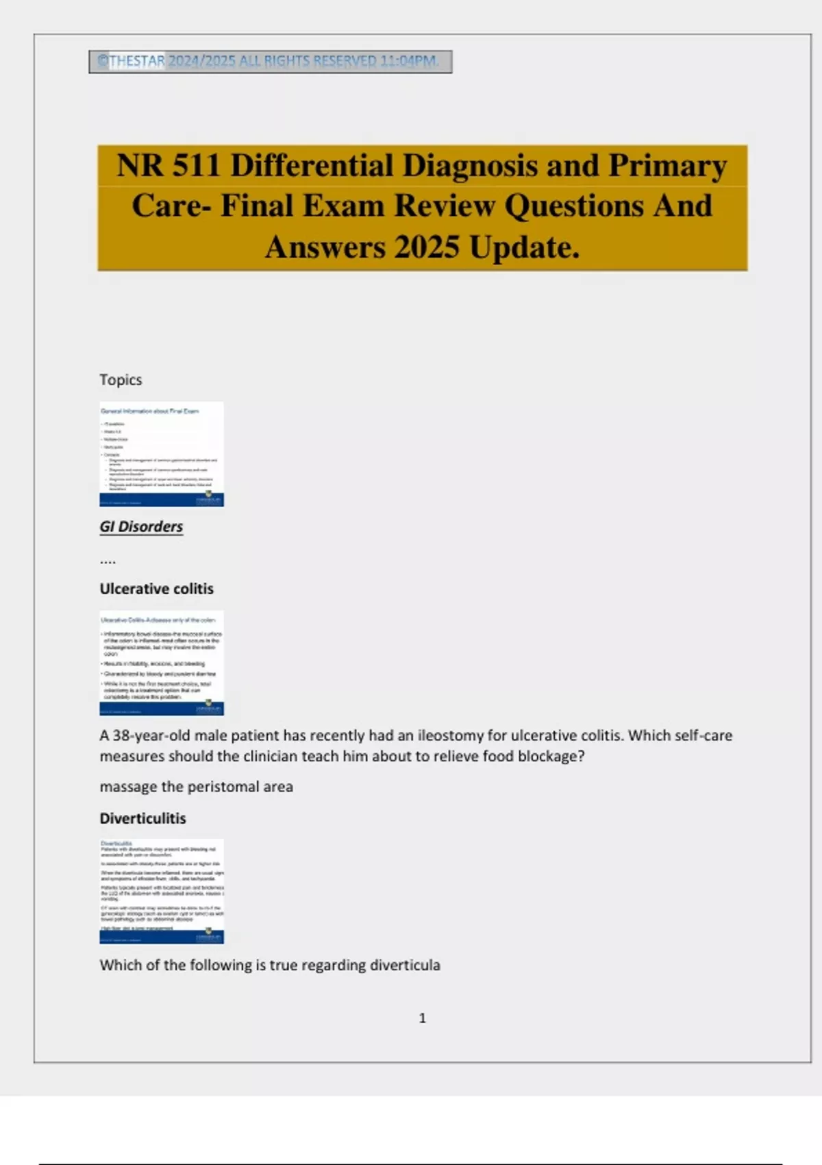 NR 511 Differential Diagnosis and Primary Care- Final Exam Review ...
