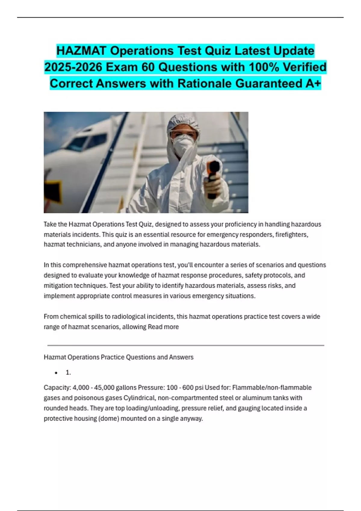 HAZMAT Operations Test Quiz Latest Update Exam 60 Questions with 100% ...