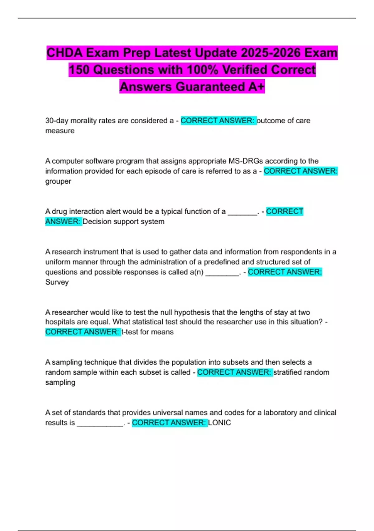 CHDA Exam Prep Latest Update Exam 150 Questions with 100% Verified ...