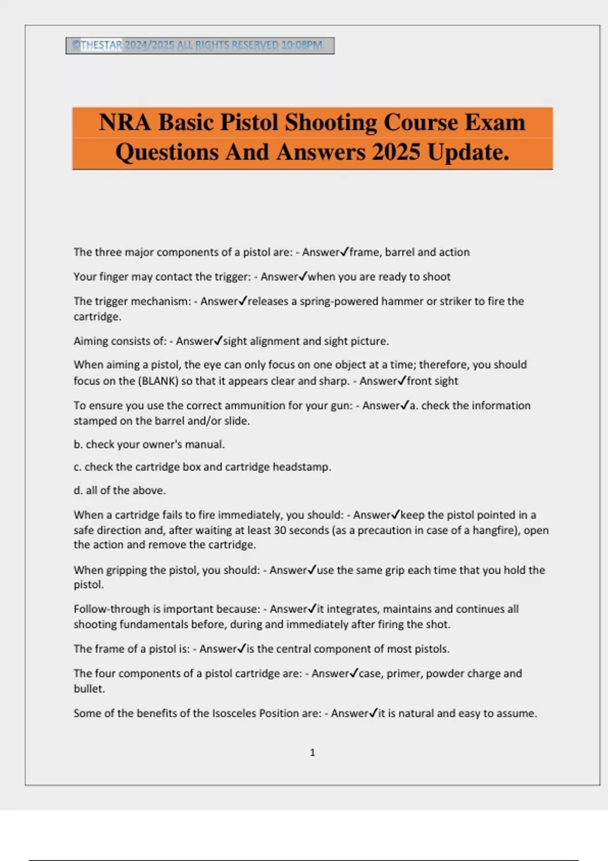 NRA Basic Pistol Shooting Course Exam Questions And Answers 2025 Update - Nra - Stuvia US