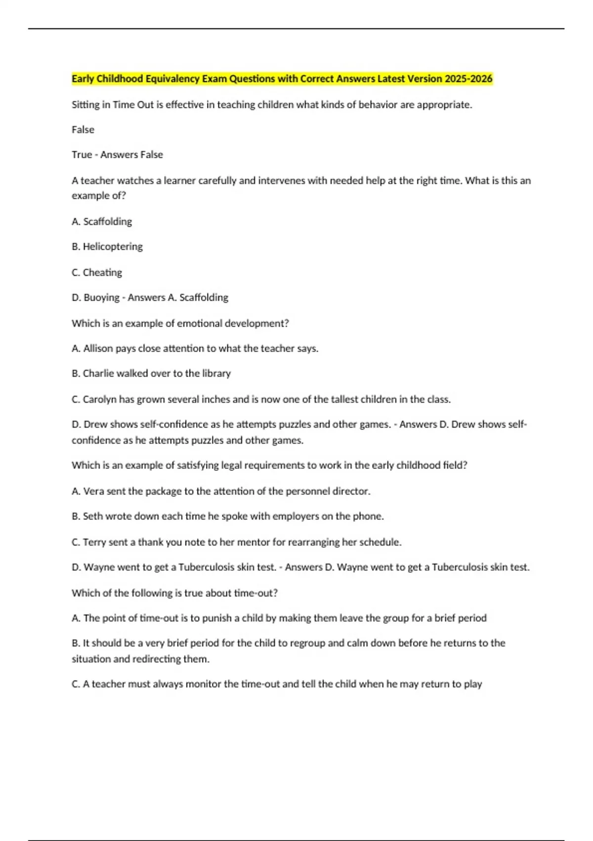 Early Childhood Equivalency Exam Questions with Correct Answers Latest ...