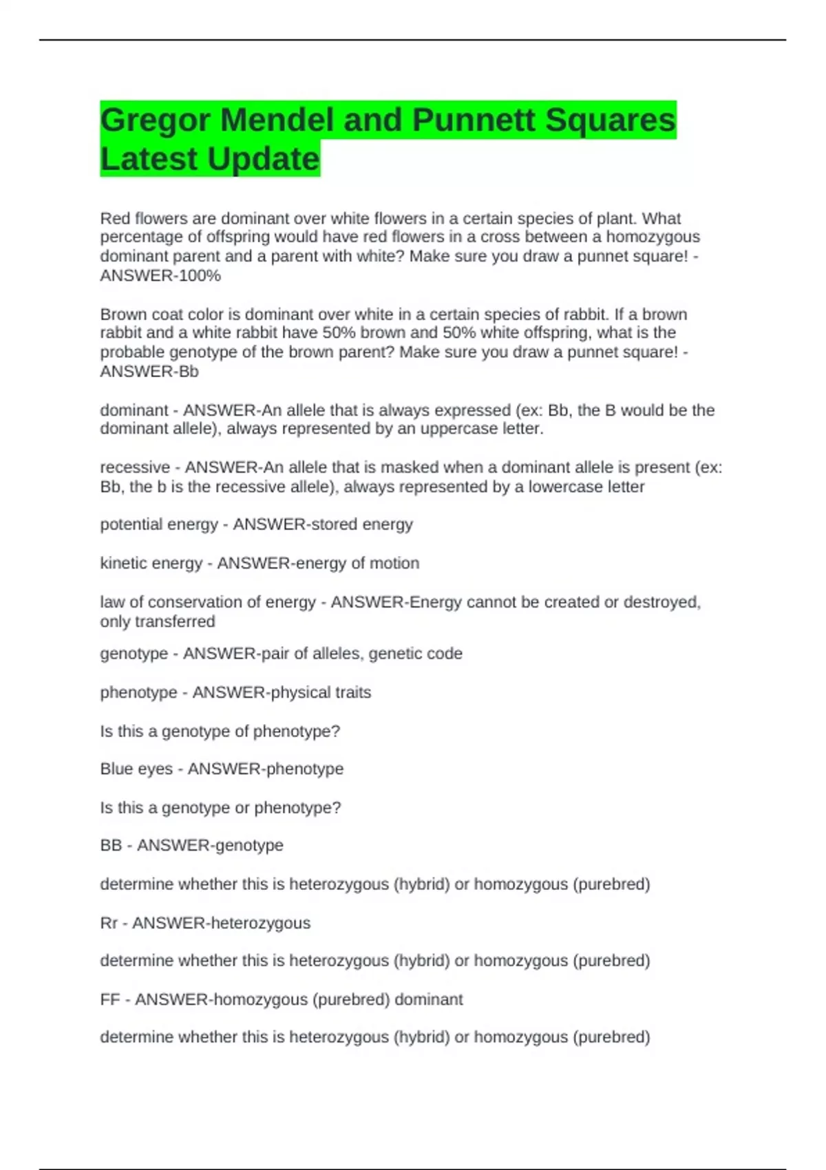 Gregor Mendel and Punnett Squares Latest Update - Punnett Squares ...