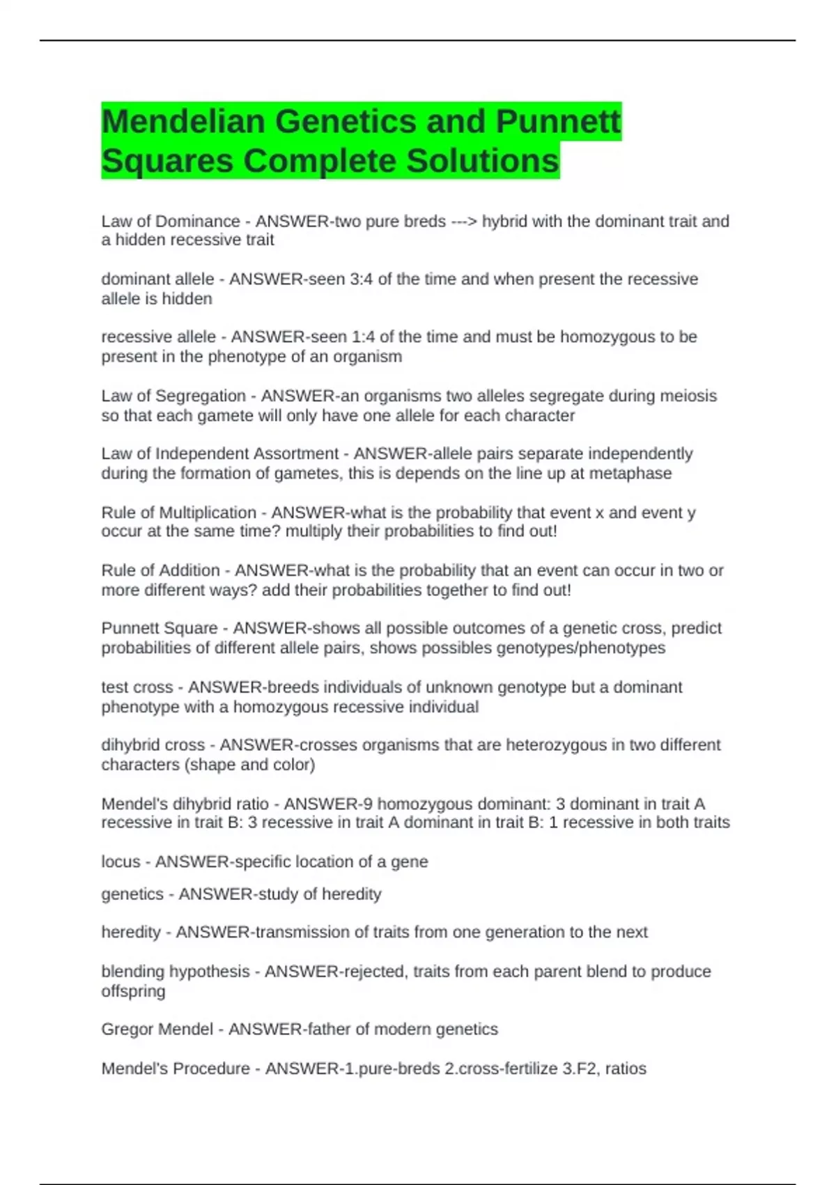 Mendelian Genetics and Punnett Squares Complete Solutions - Punnett ...